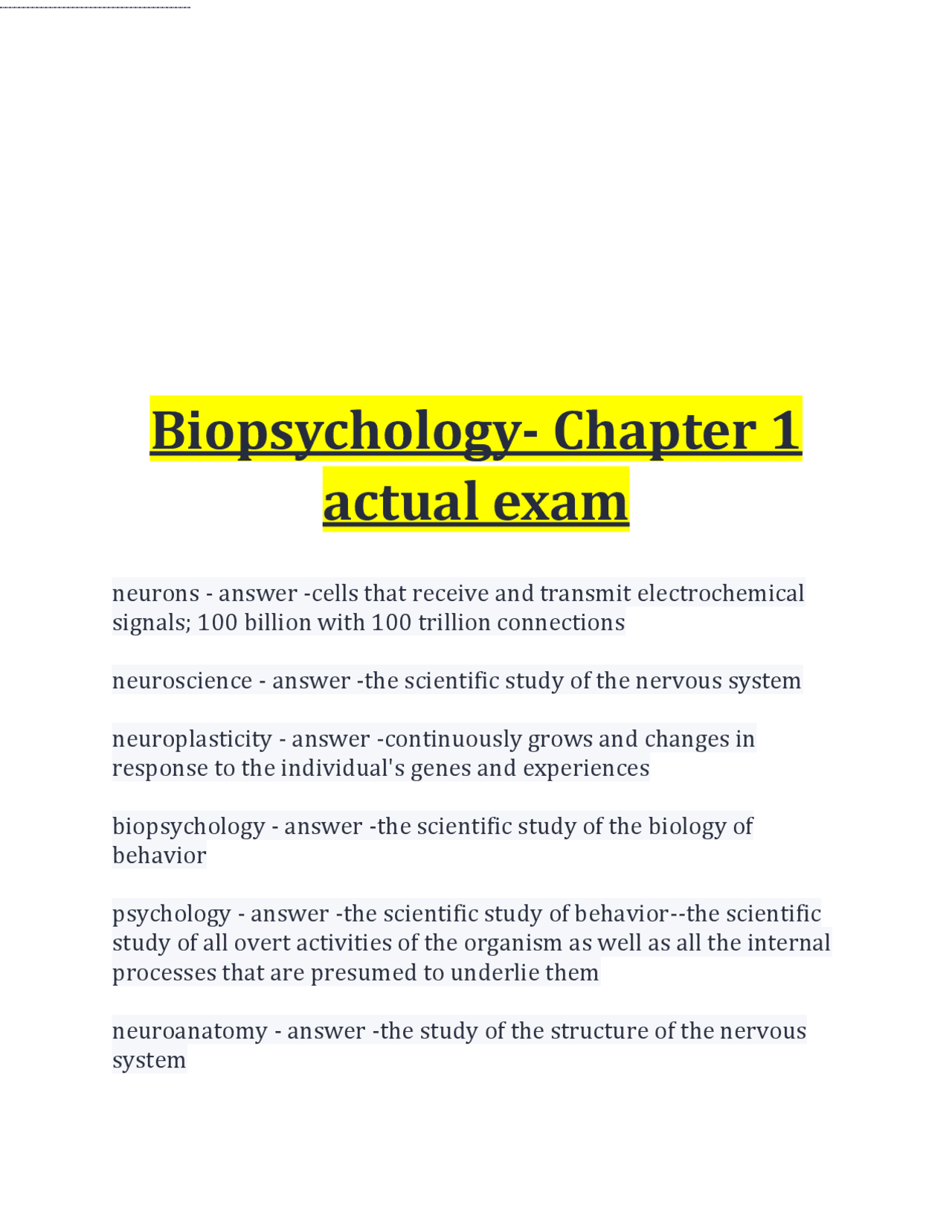 Biopsychology: Chapter 1 Exam Questions and Answers | Exams Nursing | Docsity