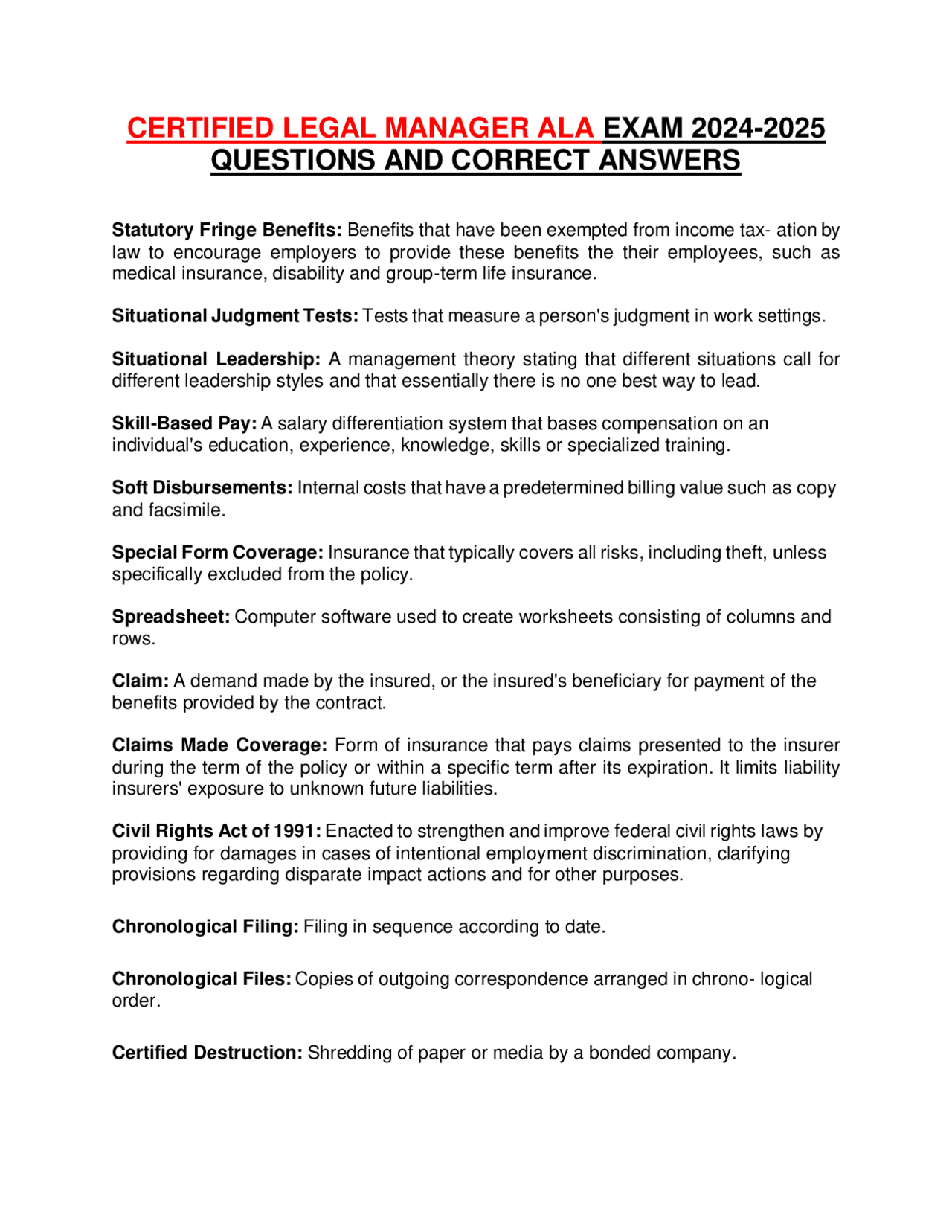 Certified Legal Manager ALA Exam 2024-2025: Questions and Correct ...