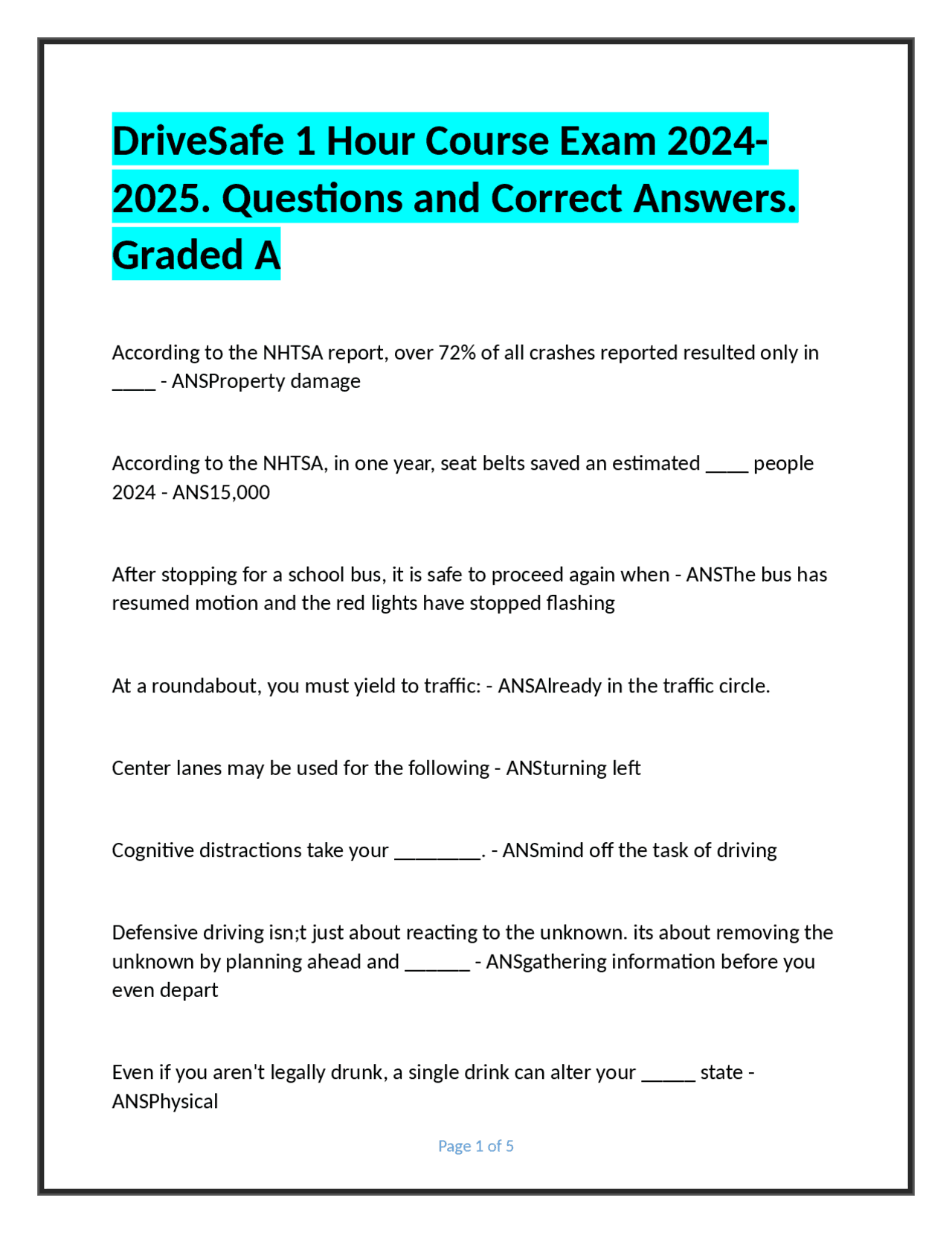 DriveSafe 1 Hour Course Exam: Questions and Answers | Exams European ...