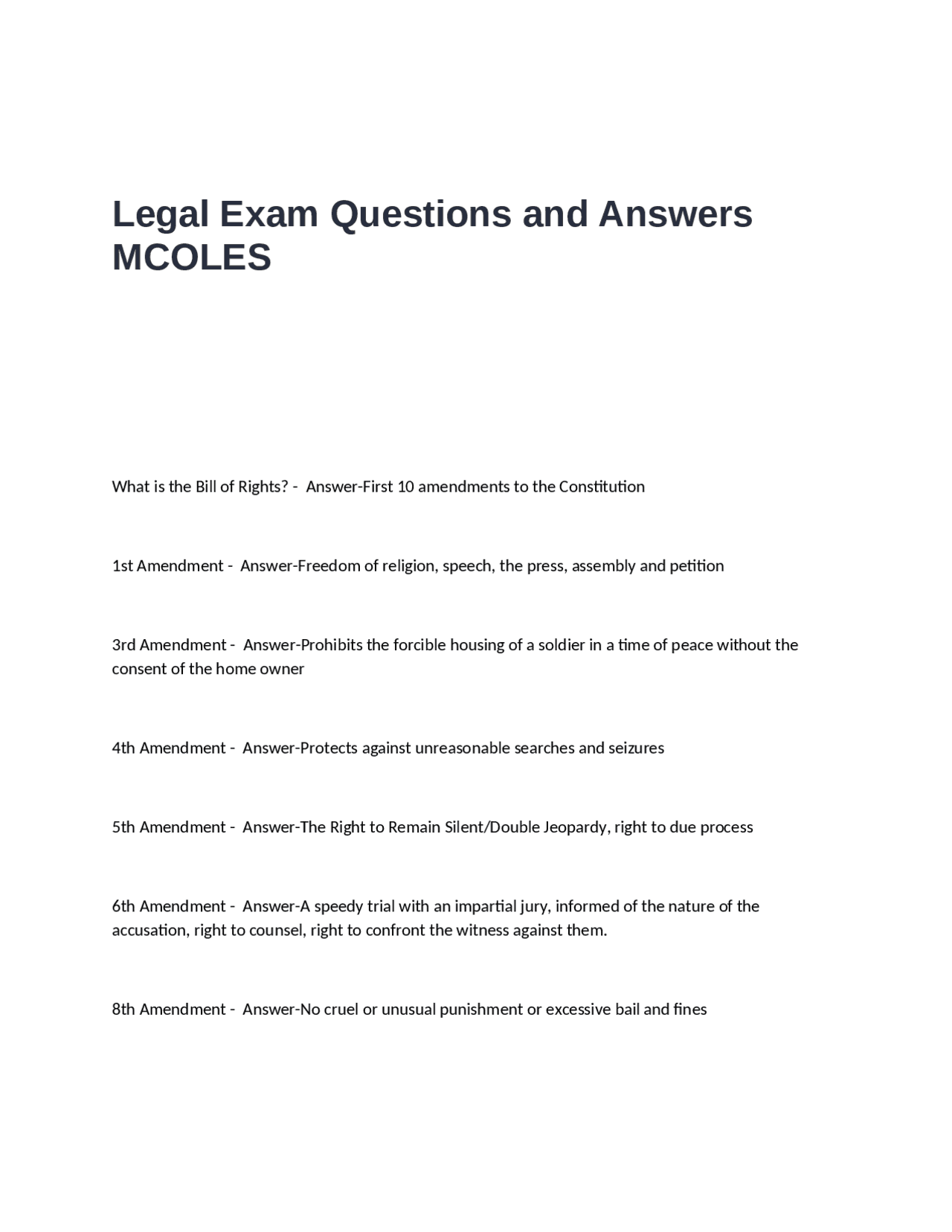 MCOLES Legal Exam Questions and Answers | Exams Nursing | Docsity