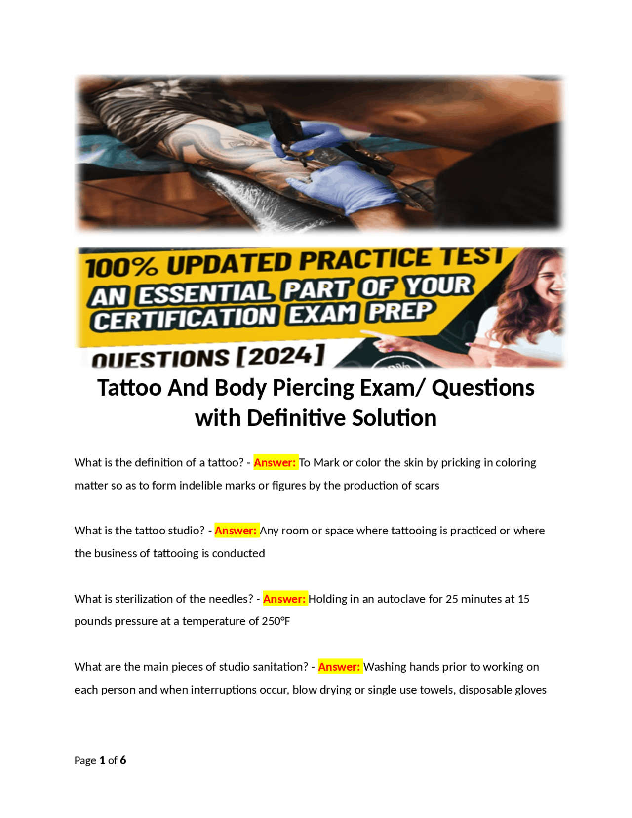 Tattoo and Body Piercing Exam Questions and Answers | Exams Nursing ...