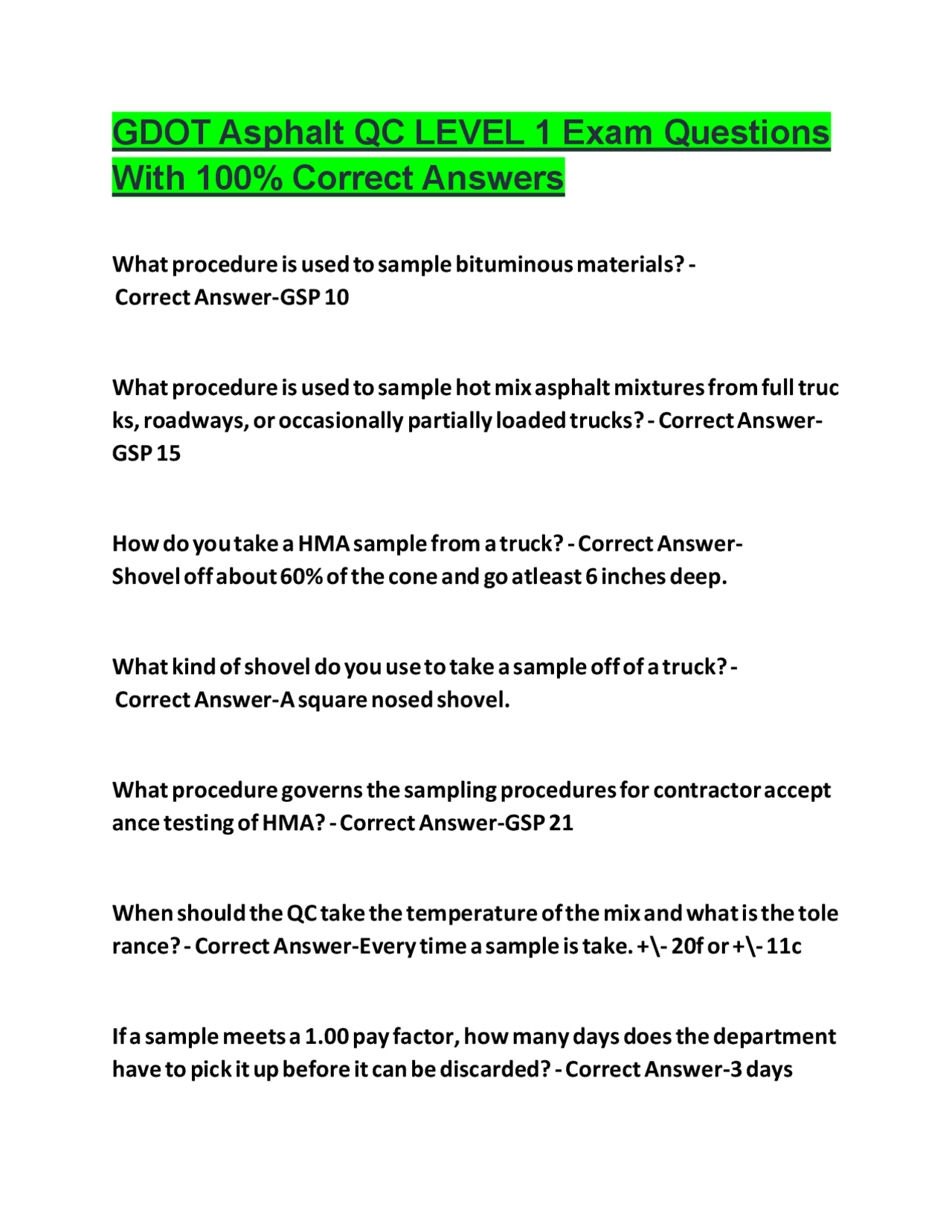 GDOT Asphalt QC Level 1 Exam Questions with Answers | Exams Advanced ...
