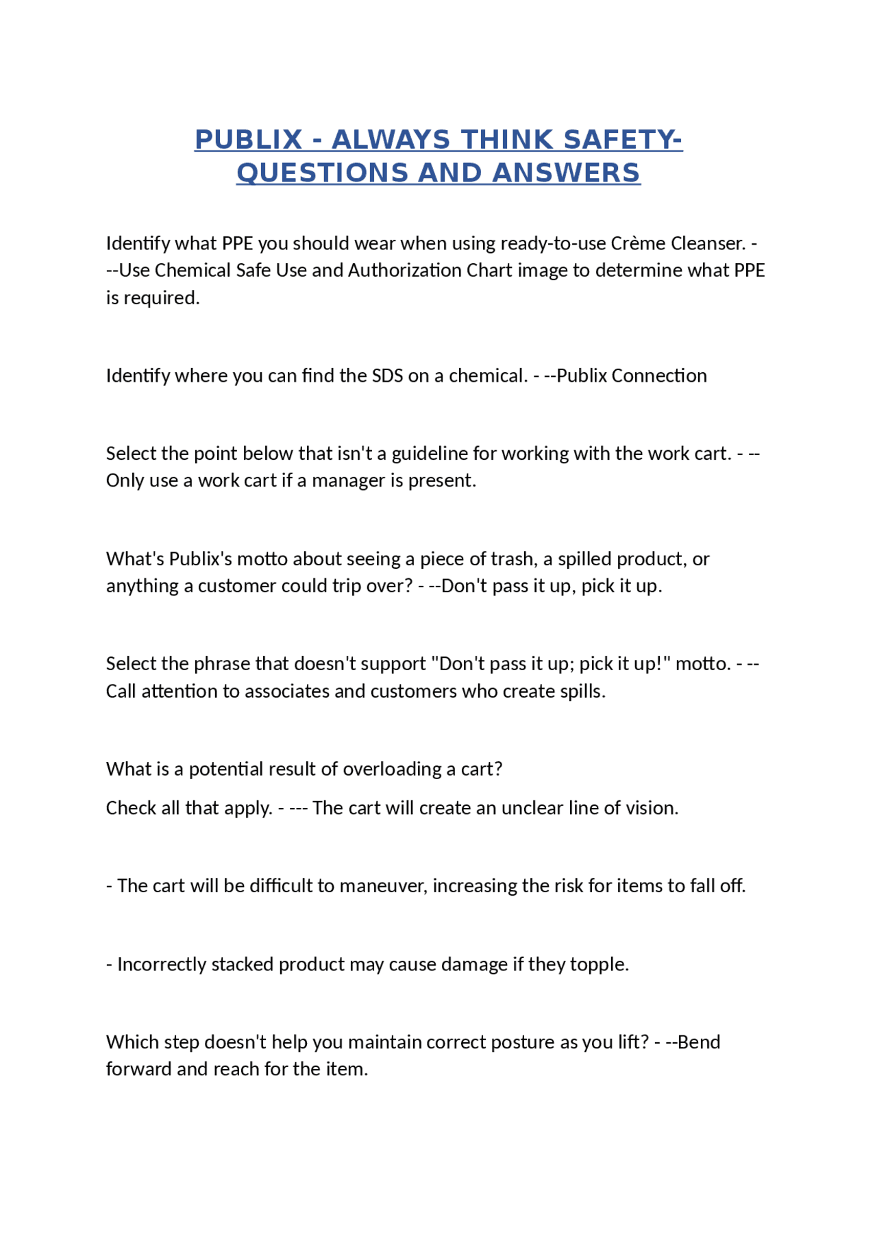 PUBLIX - ALWAYS THINK SAFETY- QUESTIONS AND ANSWERS | Exams Advanced ...