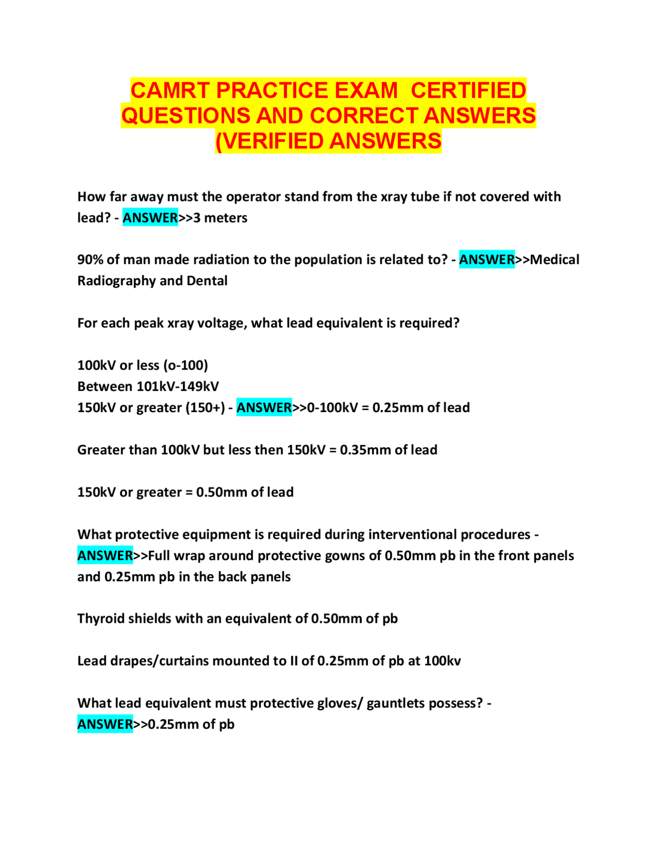 CAMRT PRACTICE EXAM CERTIFIED QUESTIONS AND CORRECT ANSWERS (VERIFIED ...