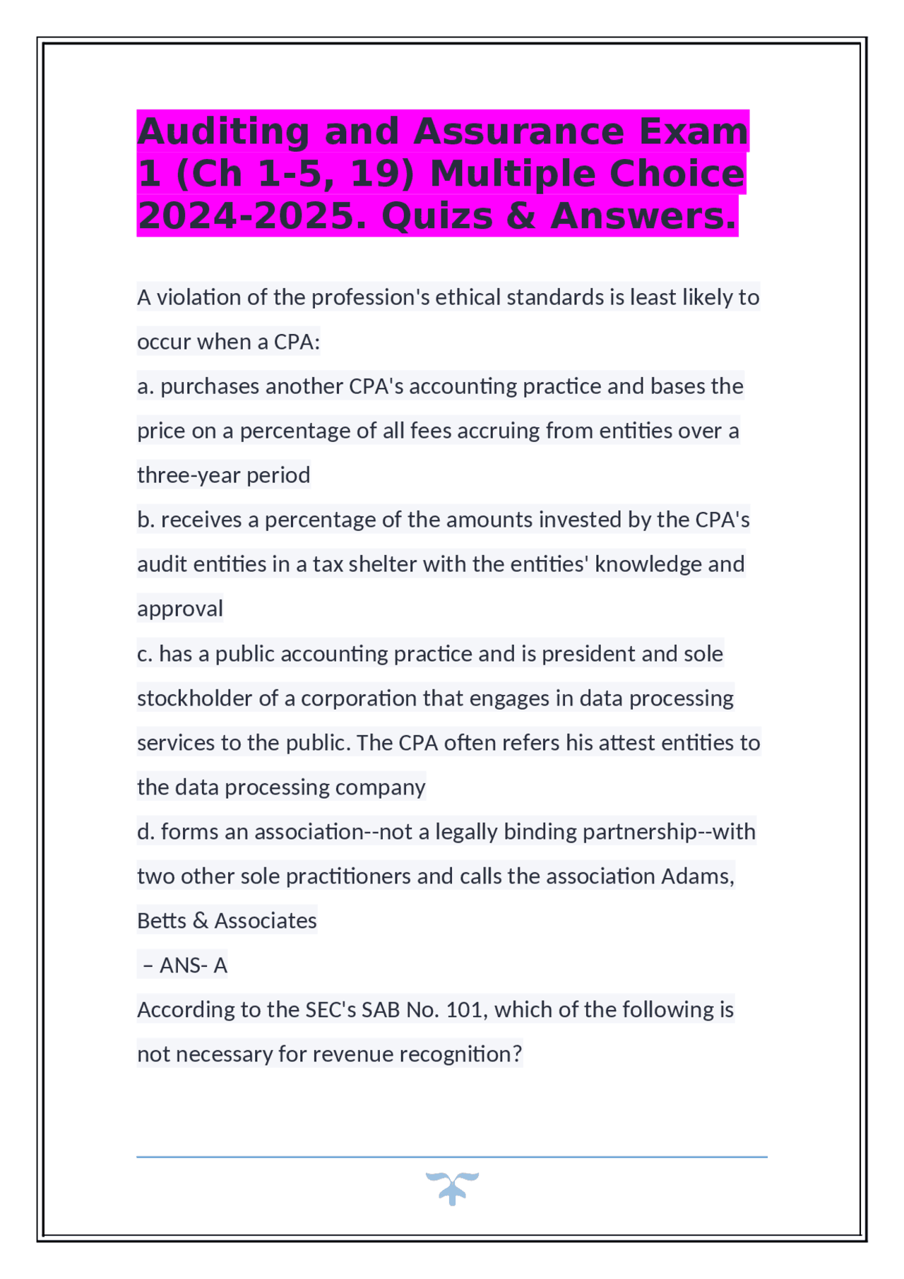Auditing and Assurance Exam 1 (Ch 1-5, 19) Multiple Choice 2024-2025. Quizs & Answers. | Exams ...