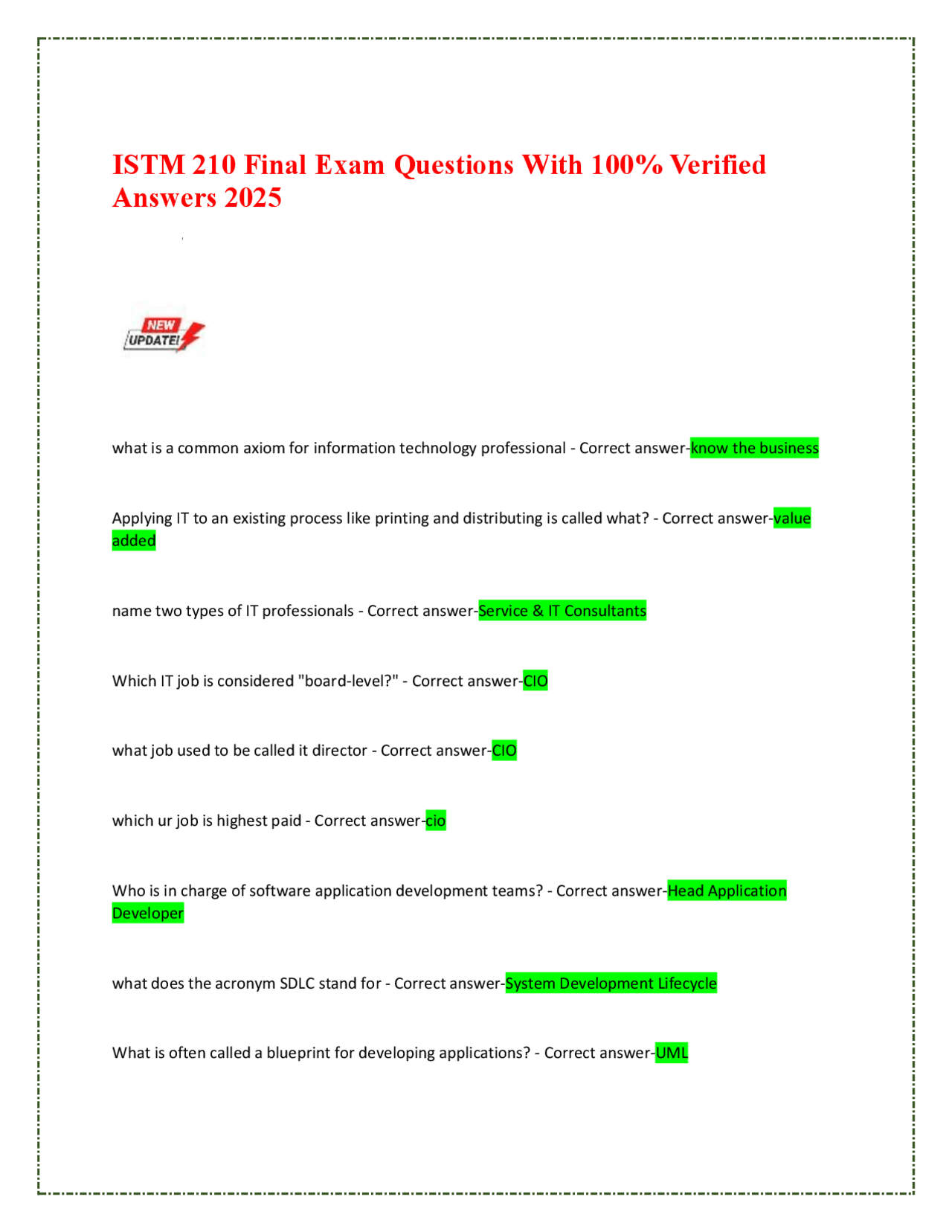 ISTM 210 Final Exam Questions With 100% Verified Answers 2024 | Exams ...