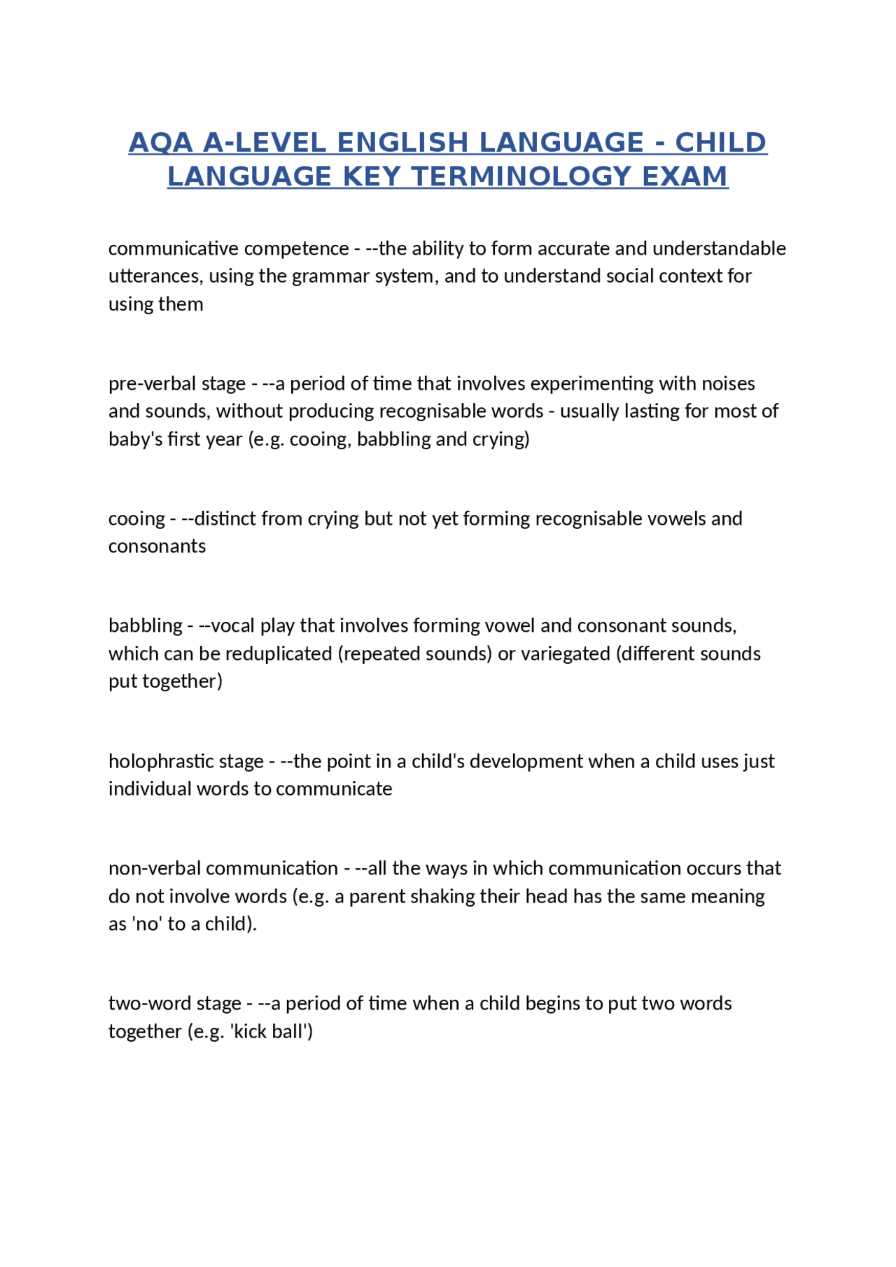 AQA A-Level English Language - Child Language Key Terminology Exam ...
