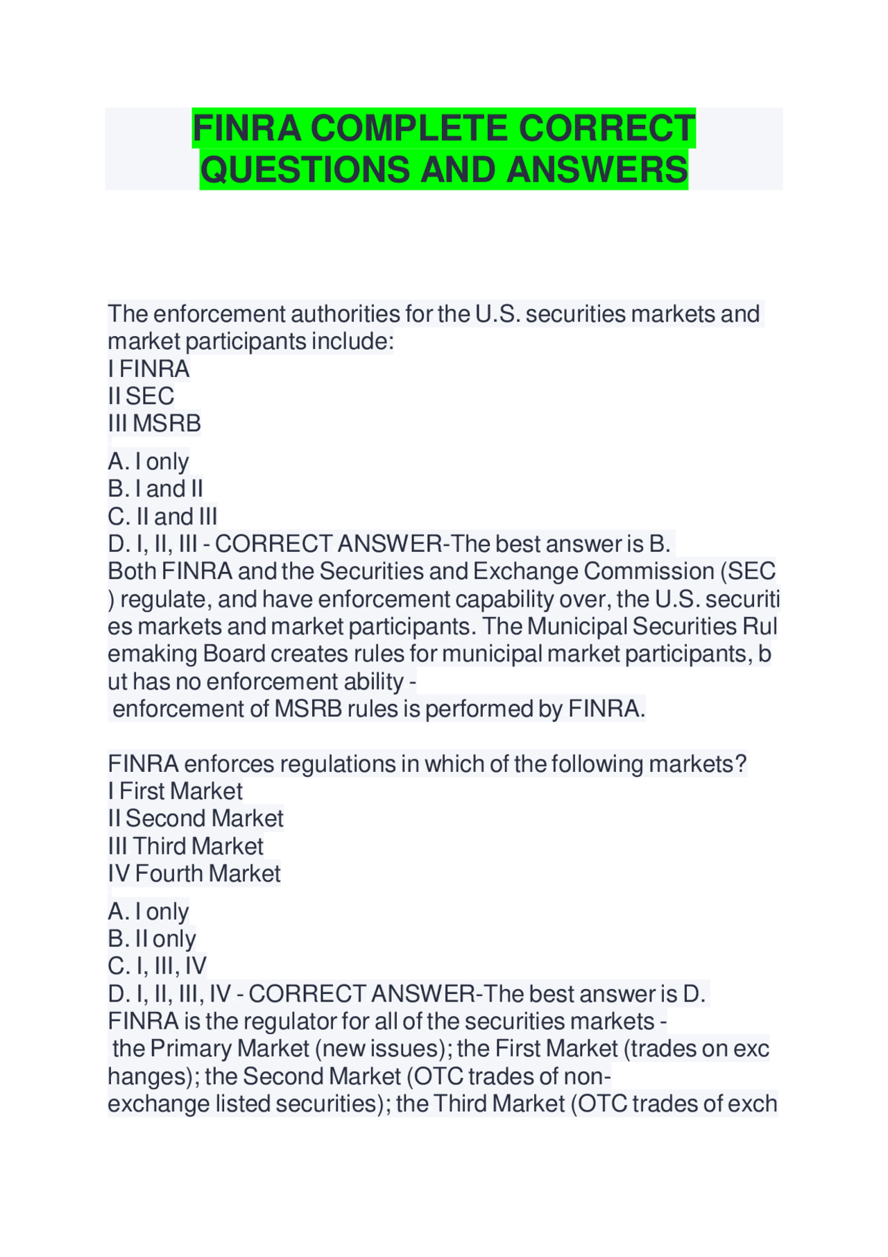 FINRA Complete Correct Questions and Answers: A Guide to Securities ...