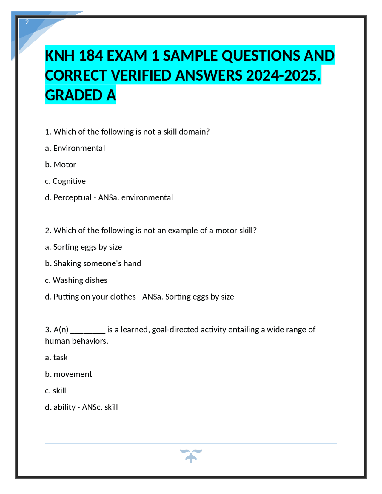 KNH 184 Exam 1 Sample Questions and Answers: Motor Skills and Abilities ...
