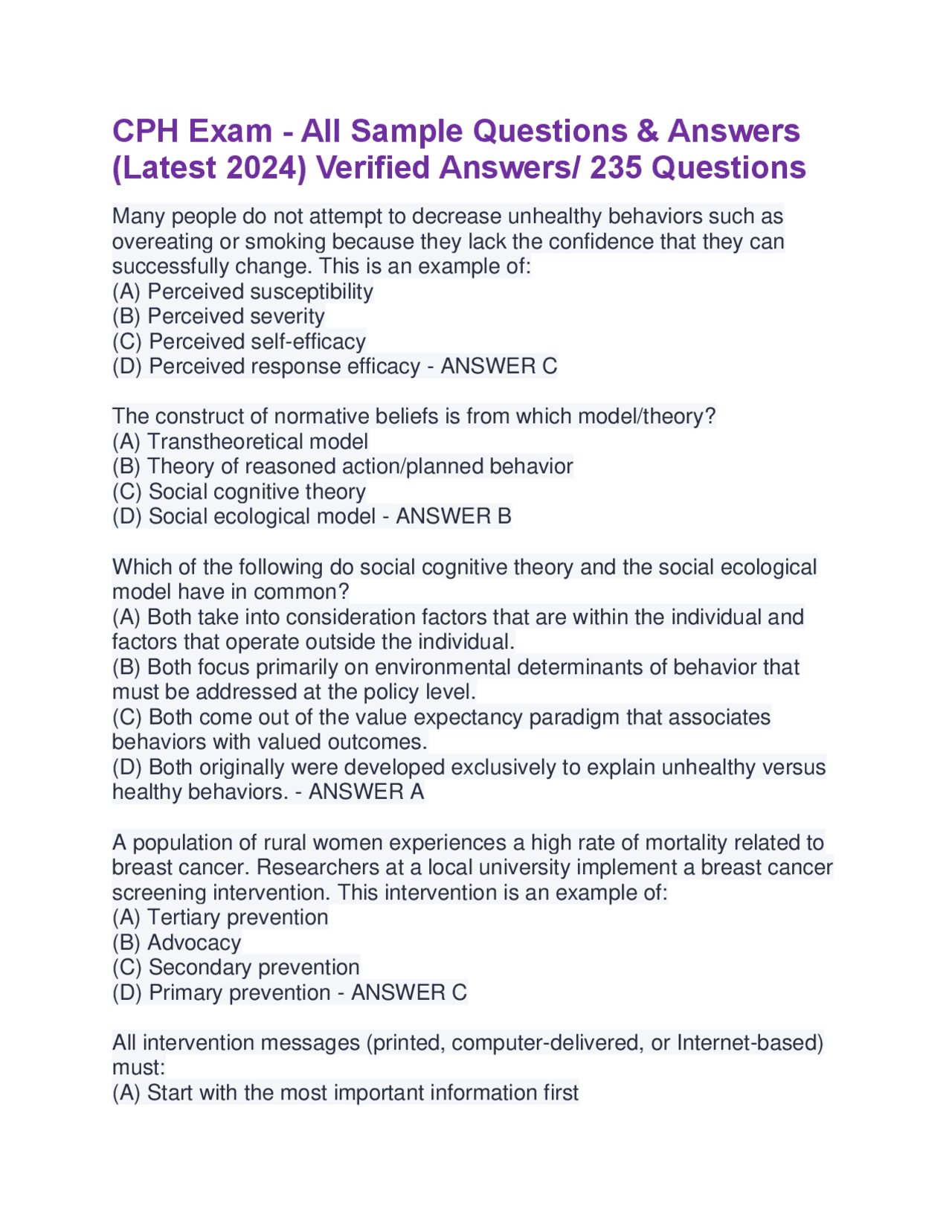 CPH Exam Sample Questions and Answers (Latest 2024) | Exams Public ...