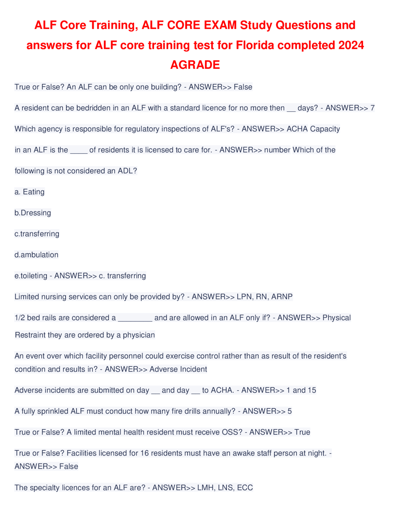 ALF Core Training, ALF CORE EXAM Study Questions and answers for ALF ...