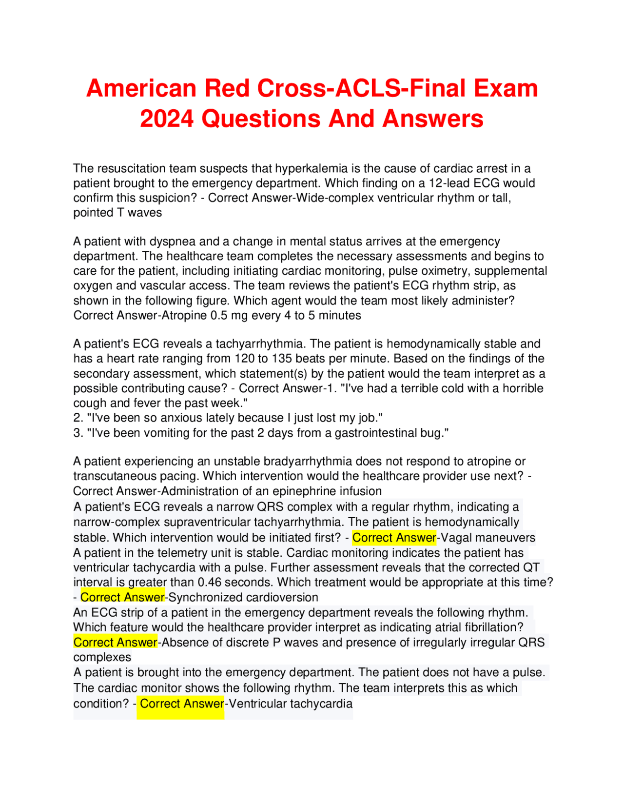 American Red Cross ACLS Final Exam 2024: Questions and Answers | Exams ...