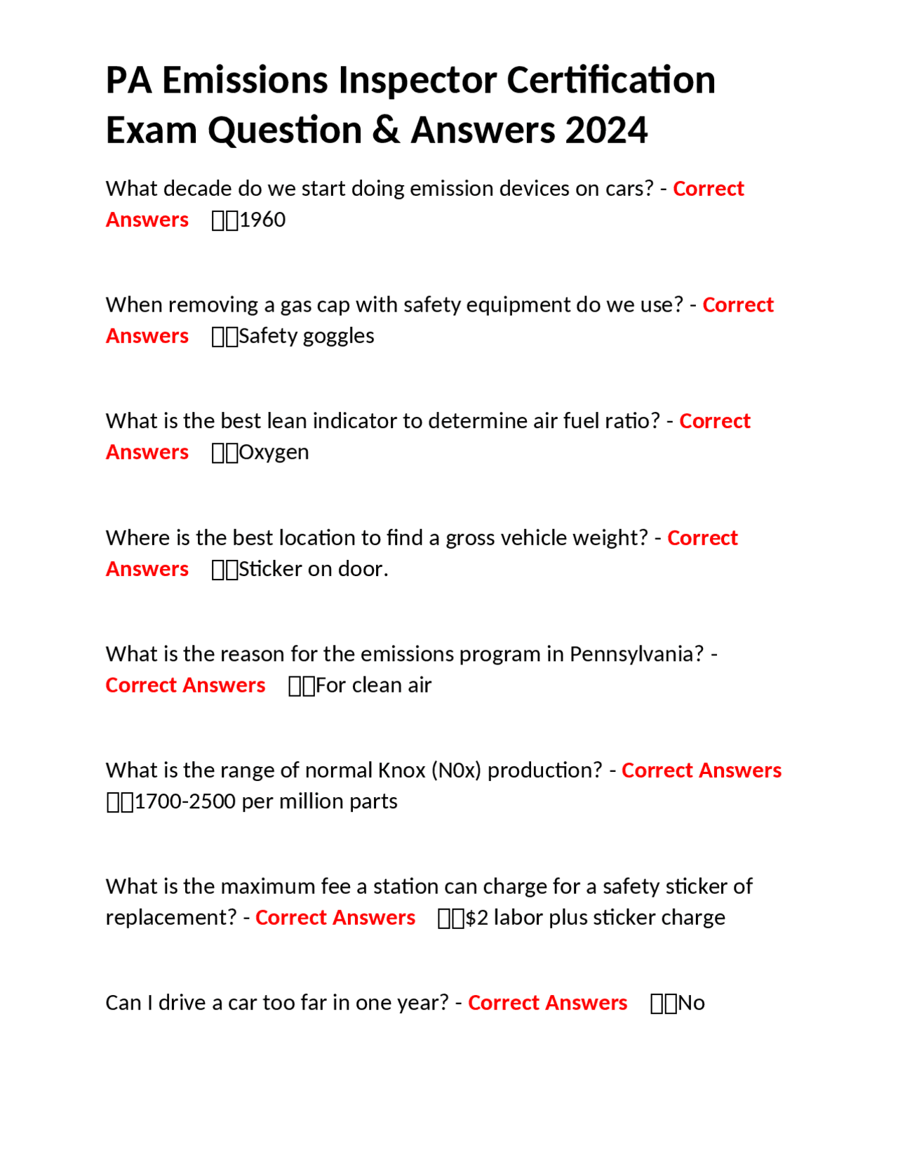PA Emissions Inspector Certification Exam Questions and Answers 2024 ...