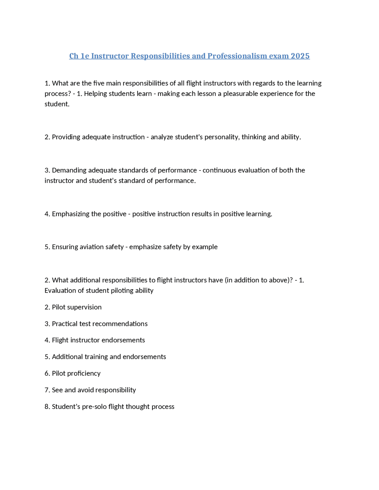 Flight Instructor Responsibilities and Professionalism: Exam ...