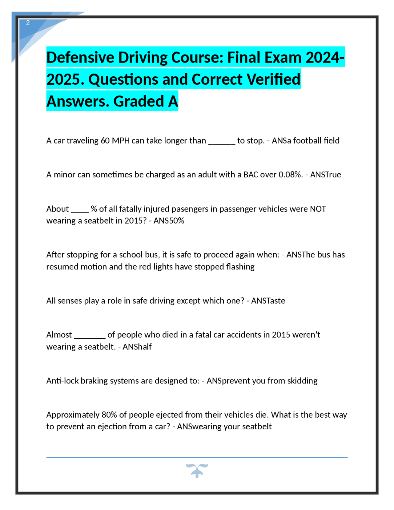 Defensive Driving Course: Final Exam 2024-2025. Questions and Correct ...