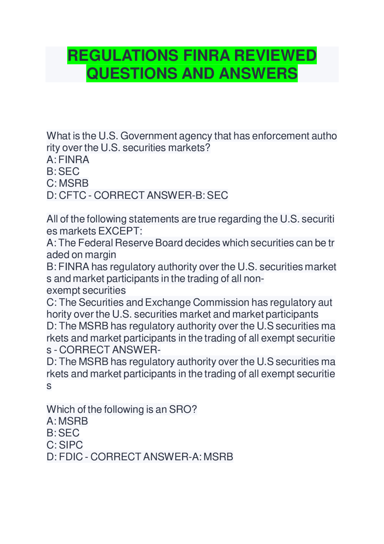 FINRA Regulations: Questions and Answers | Exams Community Health | Docsity