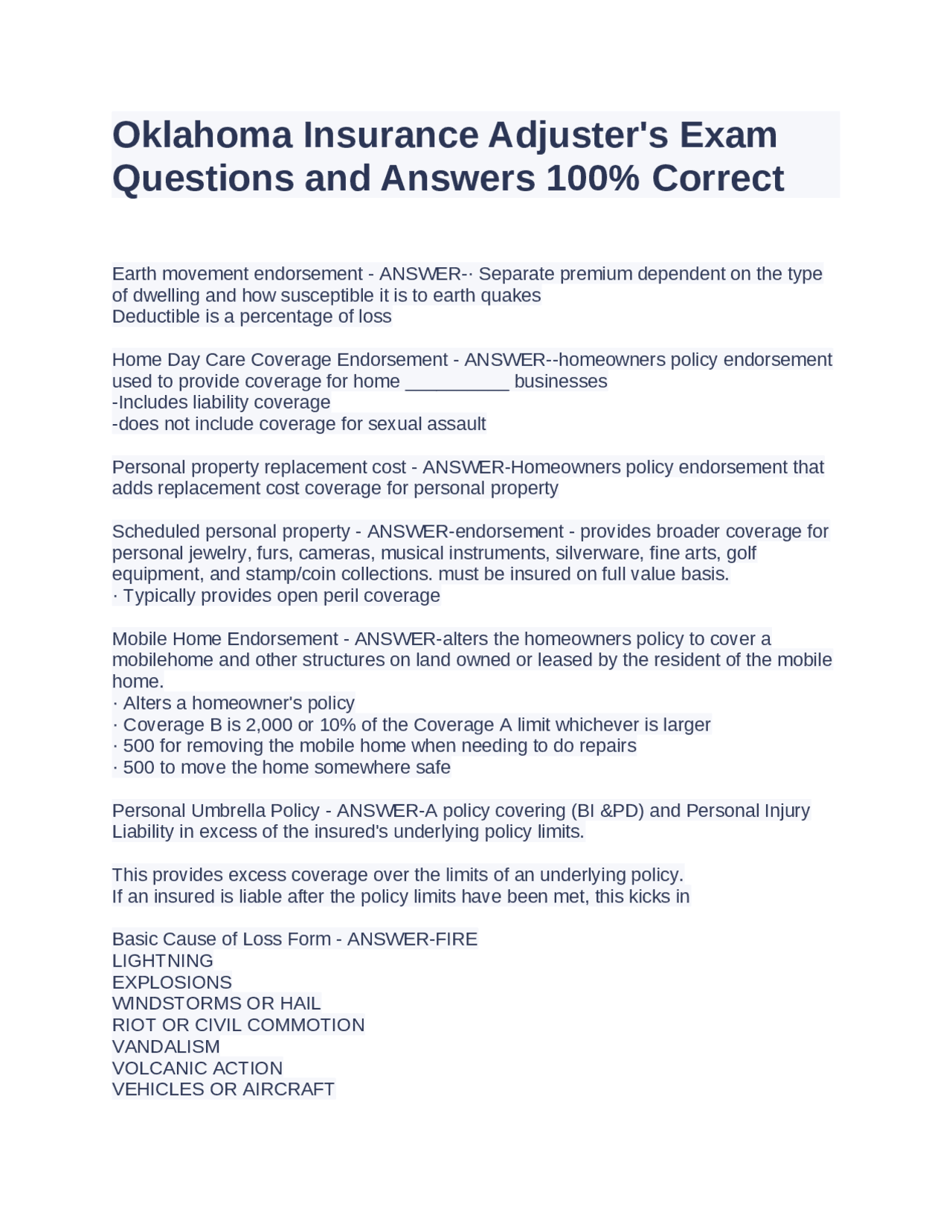 Oklahoma Insurance Adjuster's Exam: Questions and Answers | Exams ...