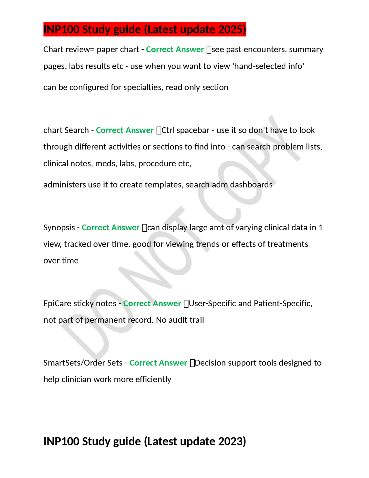 INP100 Study guide (Latest update 2025) | Exams Nursing | Docsity