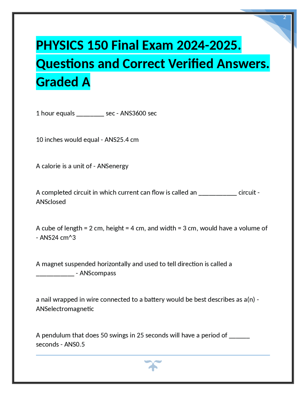 PHYSICS 150 Final Exam 2024-2025. Questions and Correct Verified Answers. Graded A | Exams ...