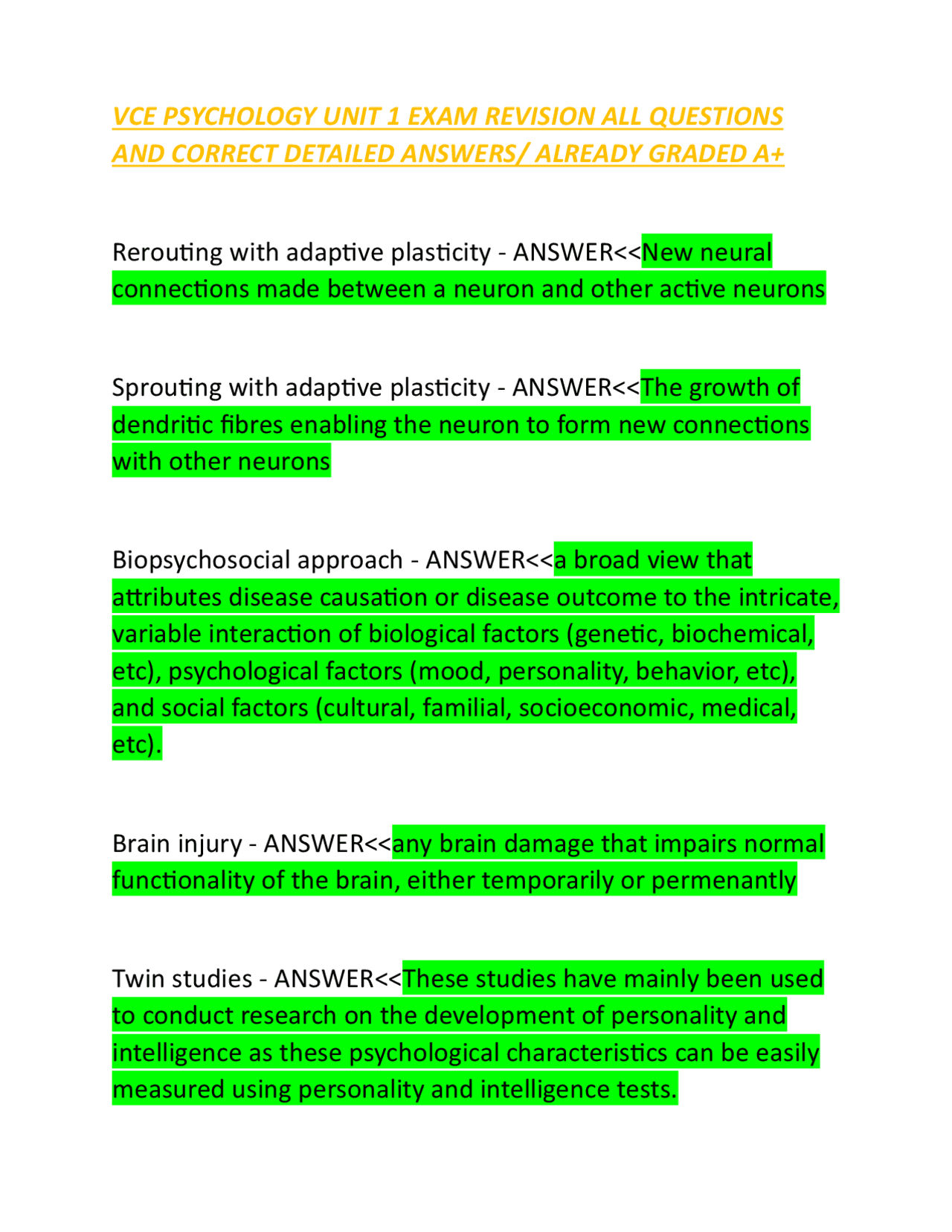 VCE Psychology Unit 1 Exam Revision: Questions and Answers | Exams ...