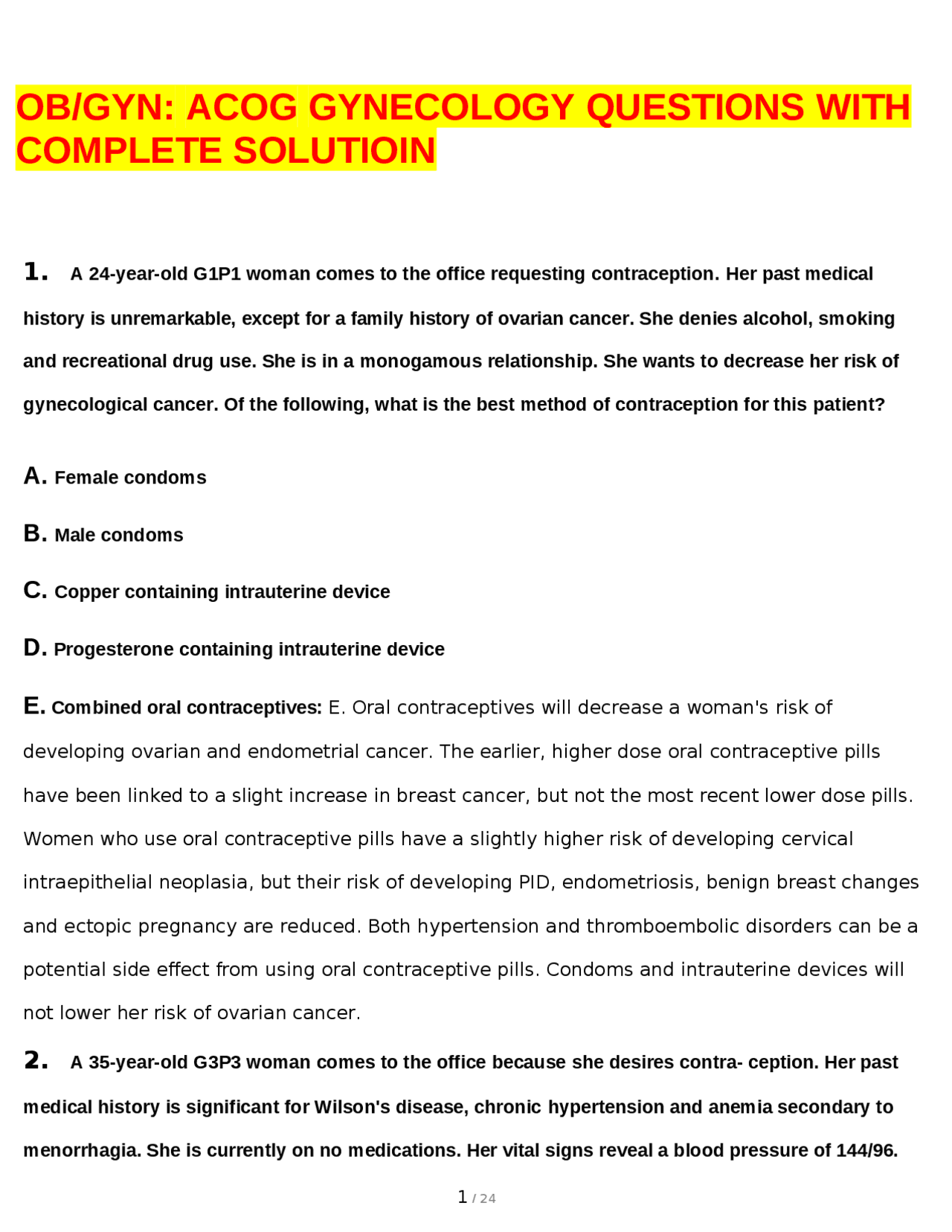 OB/GYN: ACOG Gynecology Questions with Complete Solutions | Exams ...