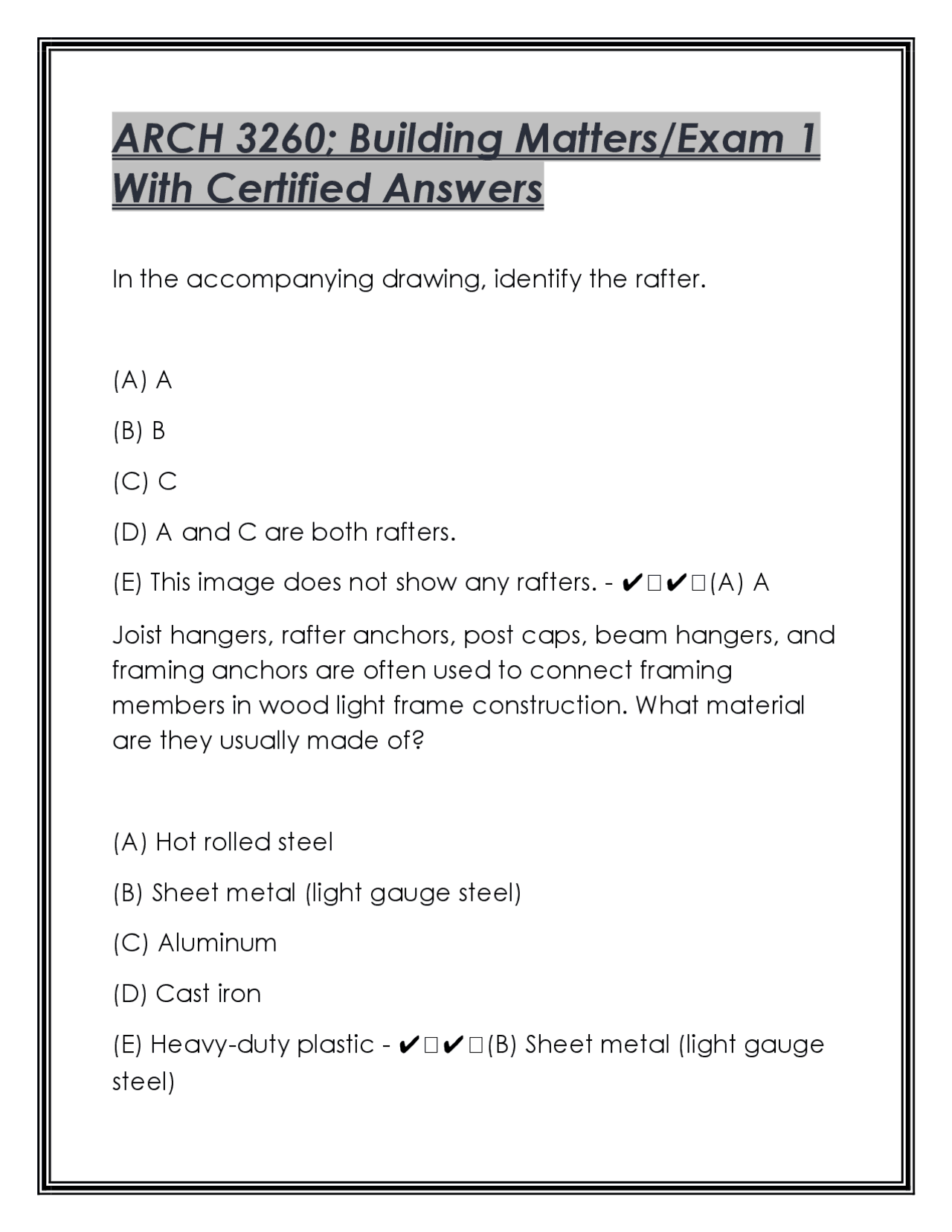 ARCH 3260 Building Matters Exam 1 with Certified Answers | Exams Structures and Materials | Docsity