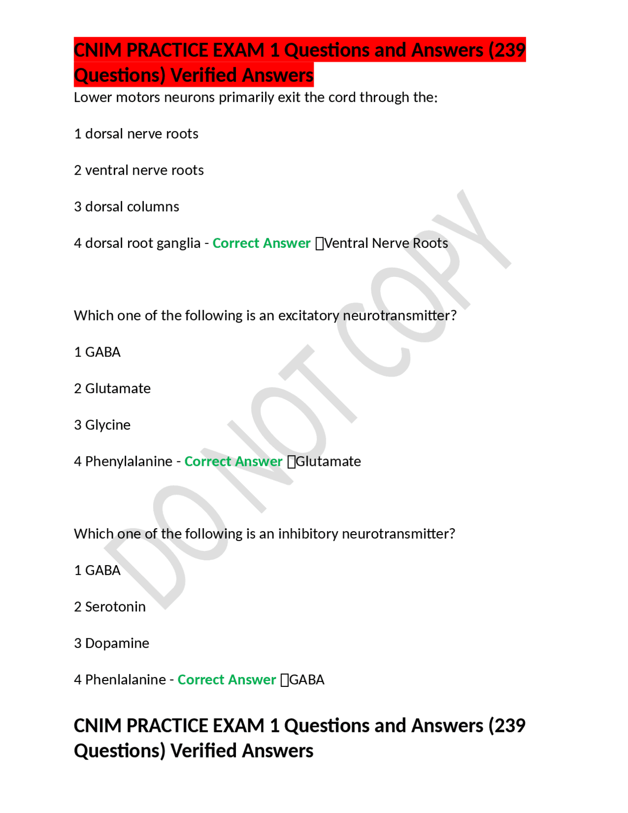 CNIM Practice Exam 1: Questions and Answers | Exams Nursing | Docsity