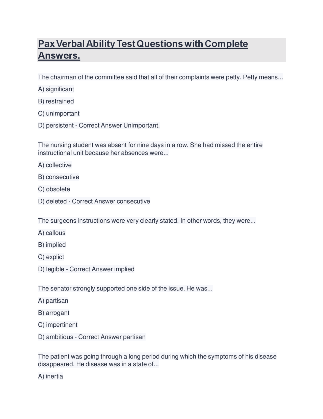 Verbal Ability Test Questions and Answers | Exams Nursing | Docsity