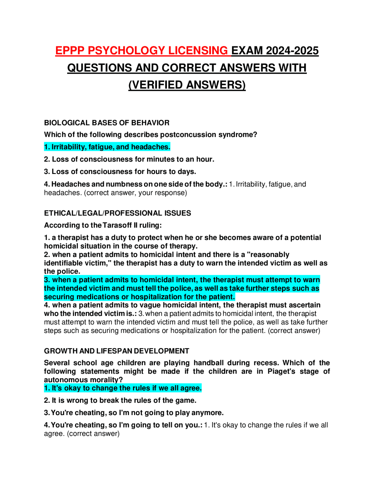 EPPP PSYCHOLOGY LICENSING EXAM 2024-2025 QUESTIONS AND CORRECT ANSWERS ...