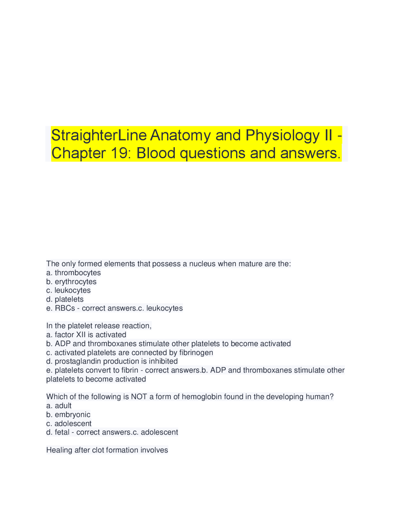 Anatomy and Physiology II: Blood - Chapter 19 Questions and Answers ...