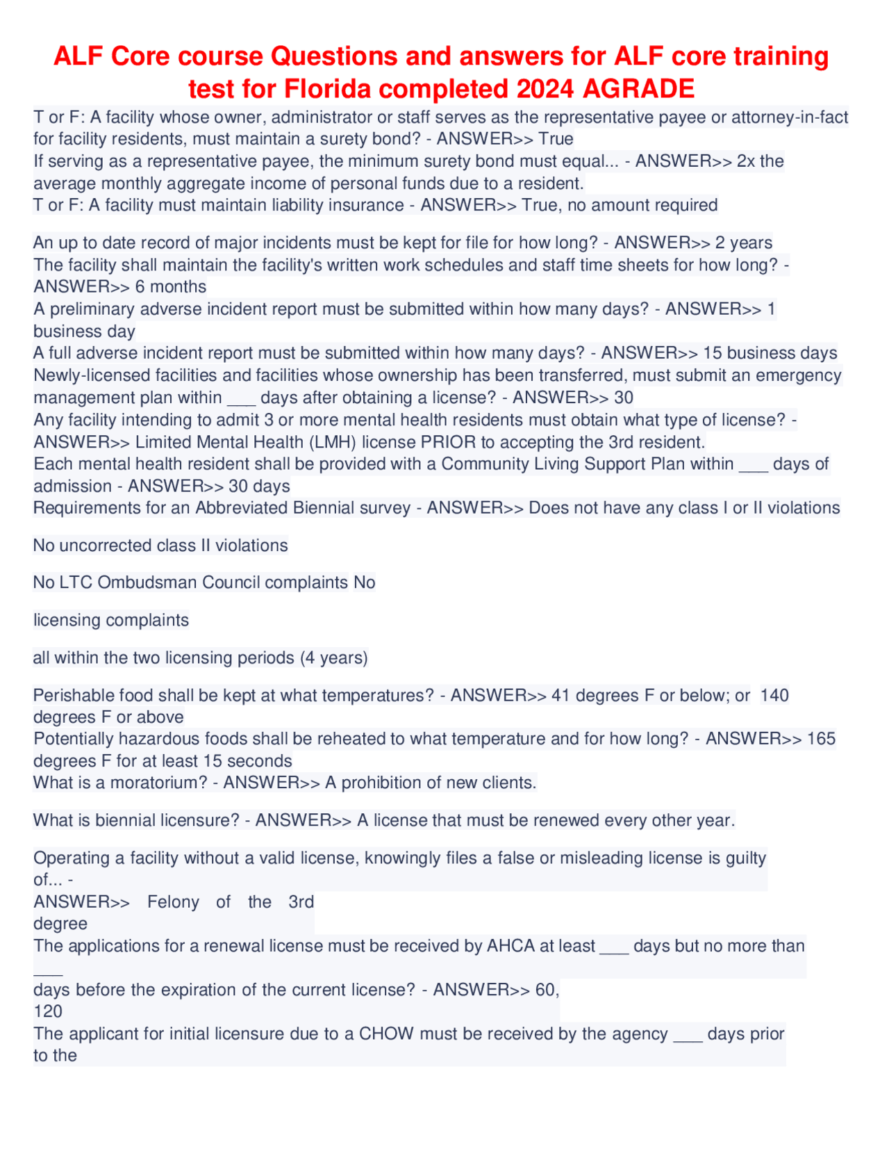 ALF Core Training Questions and Answers: Florida Regulations and Best ...