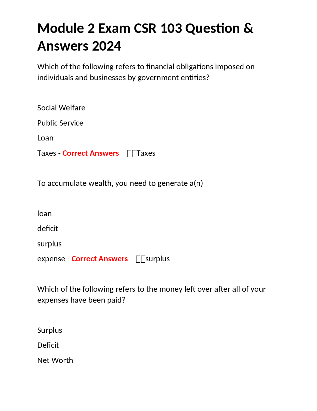 Module 2 Exam CSR 103: Personal Finance and Taxation | Exams Nursing ...