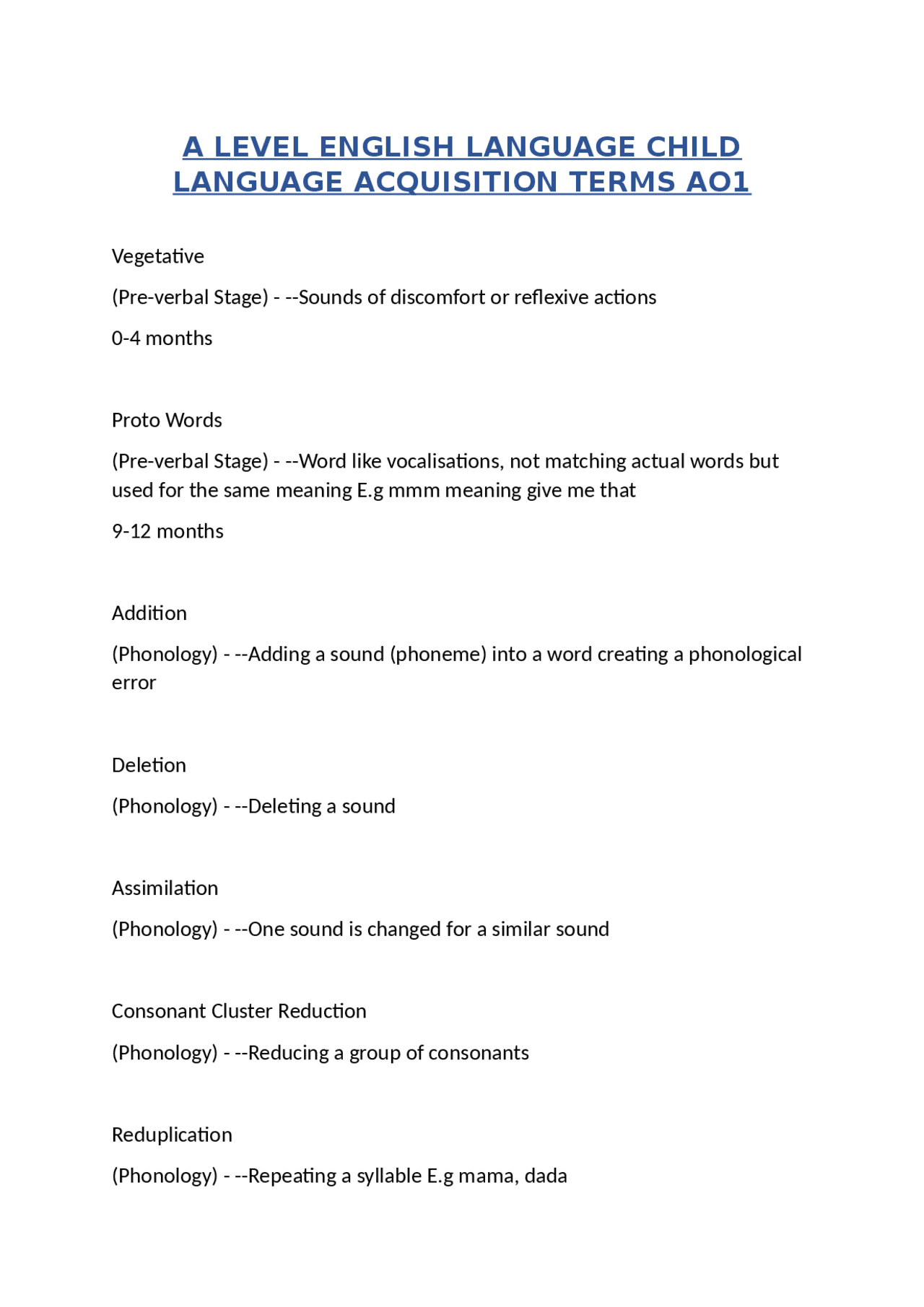 A Level English Language: Child Language Acquisition Terms and ...