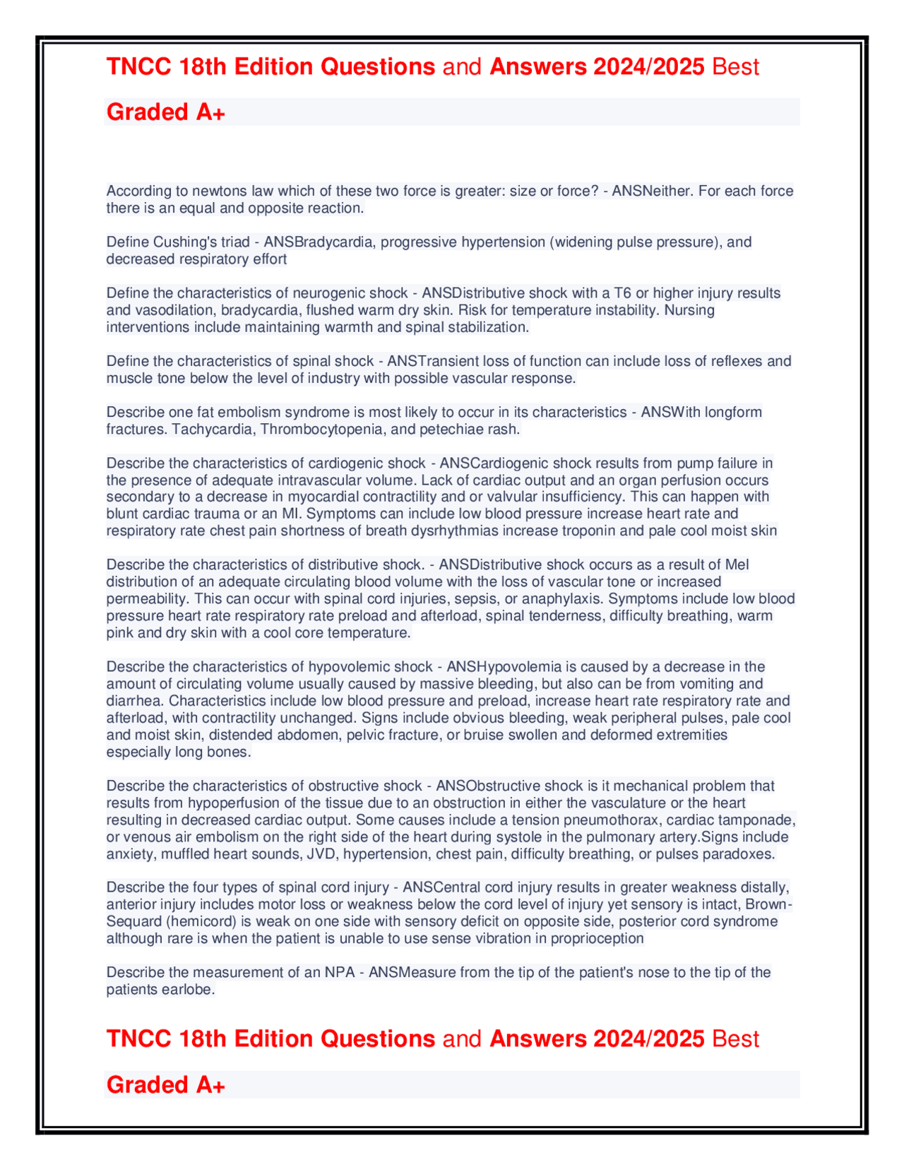 TNCC 18th Edition Questions and Answers: Trauma Nursing Core Curriculum ...