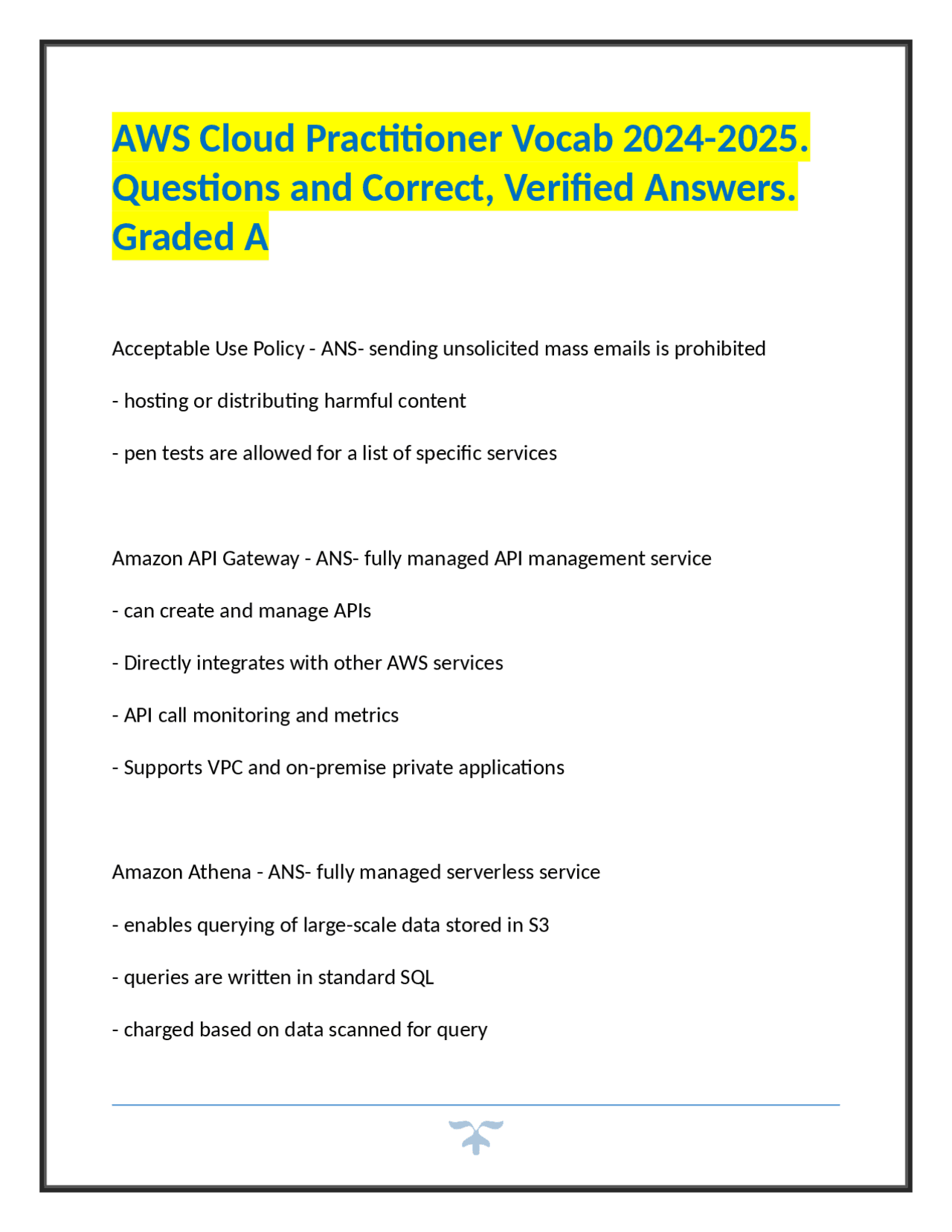 AWS Cloud Practitioner Vocab 2024-2025. Questions and Correct, Verified Answers. Graded A ...