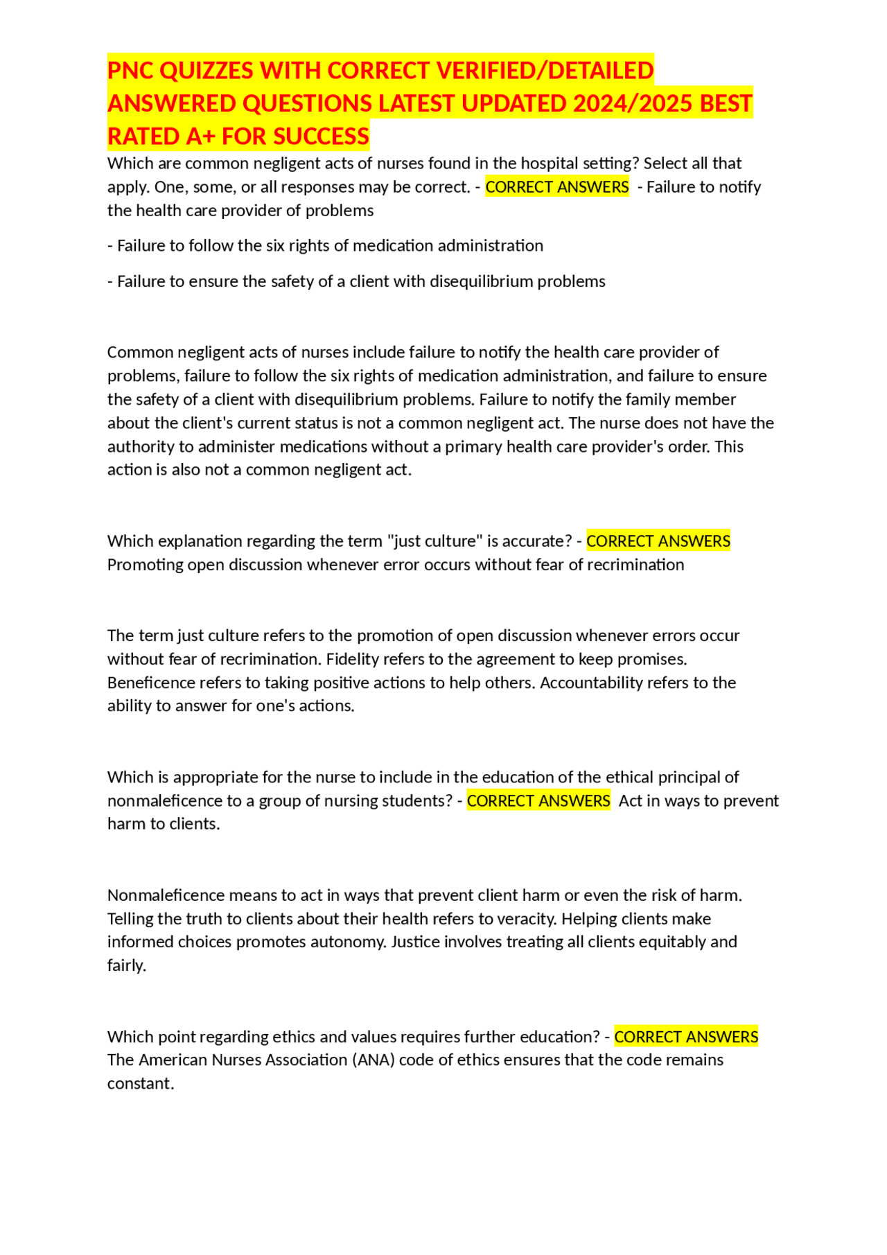 PNC Nursing Quizzes: Ethical Principles, Client Care, and Legal ...