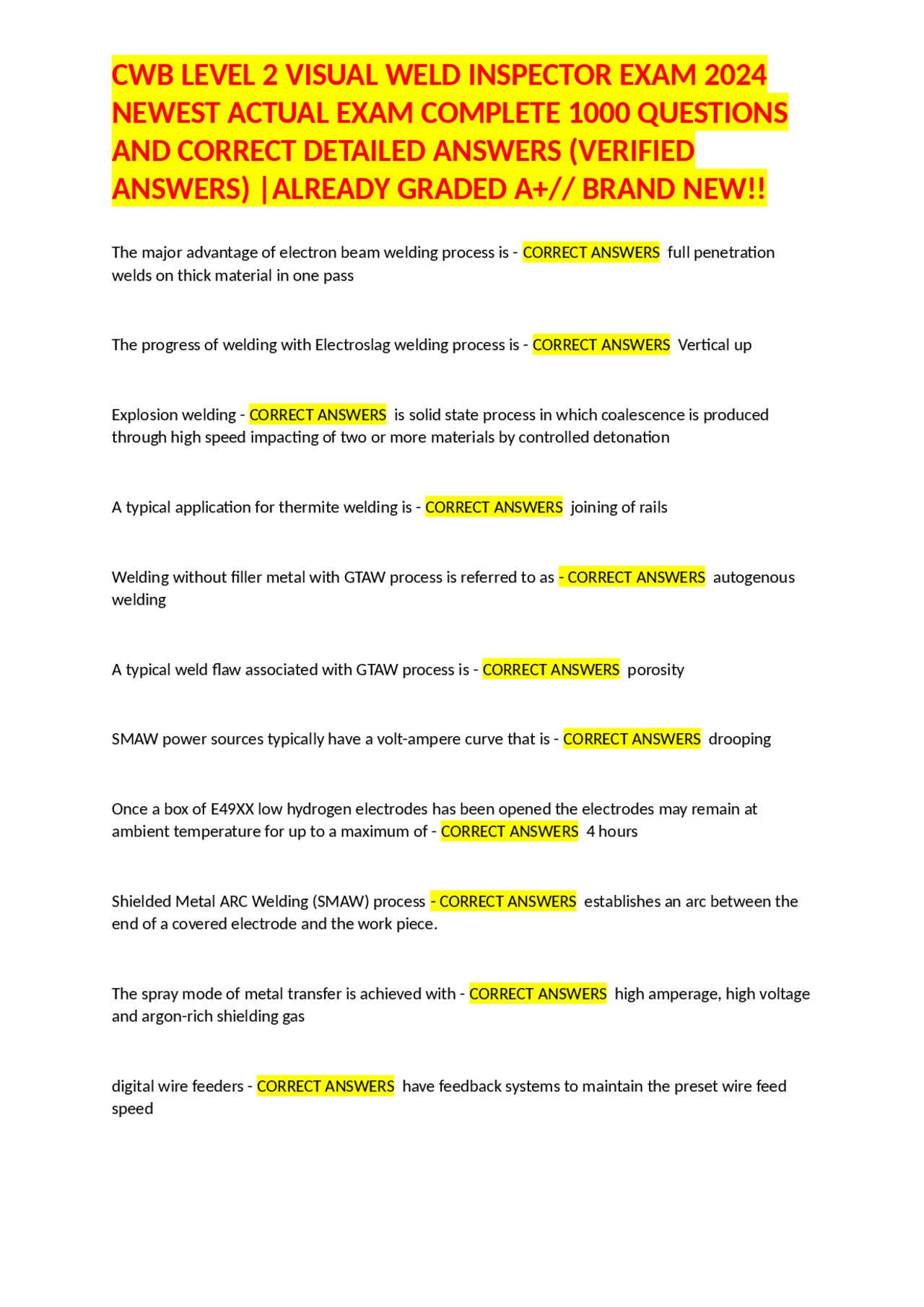 CWB Level 2 Visual Weld Inspector Exam 2024: 1000 Questions and Answers ...