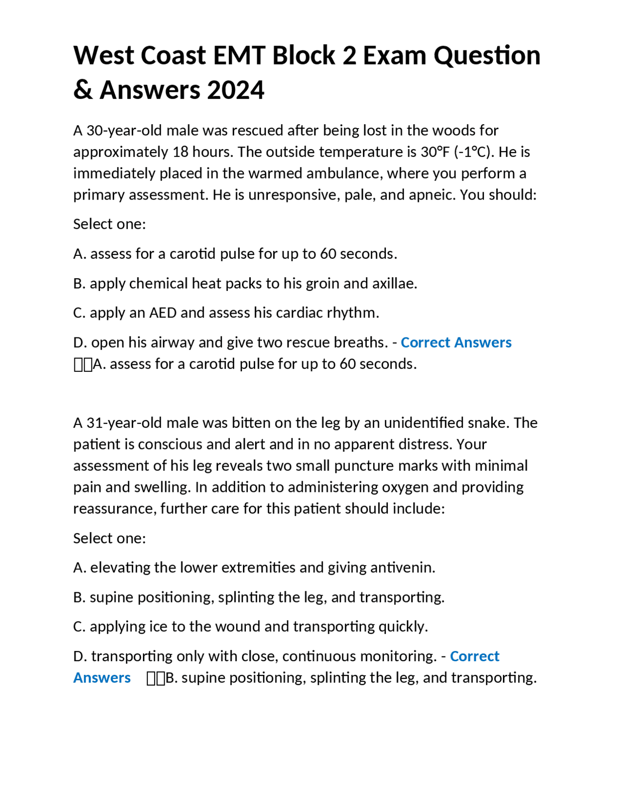 West Coast EMT Block 2 Exam Questions and Answers 2024 | Exams Nursing ...