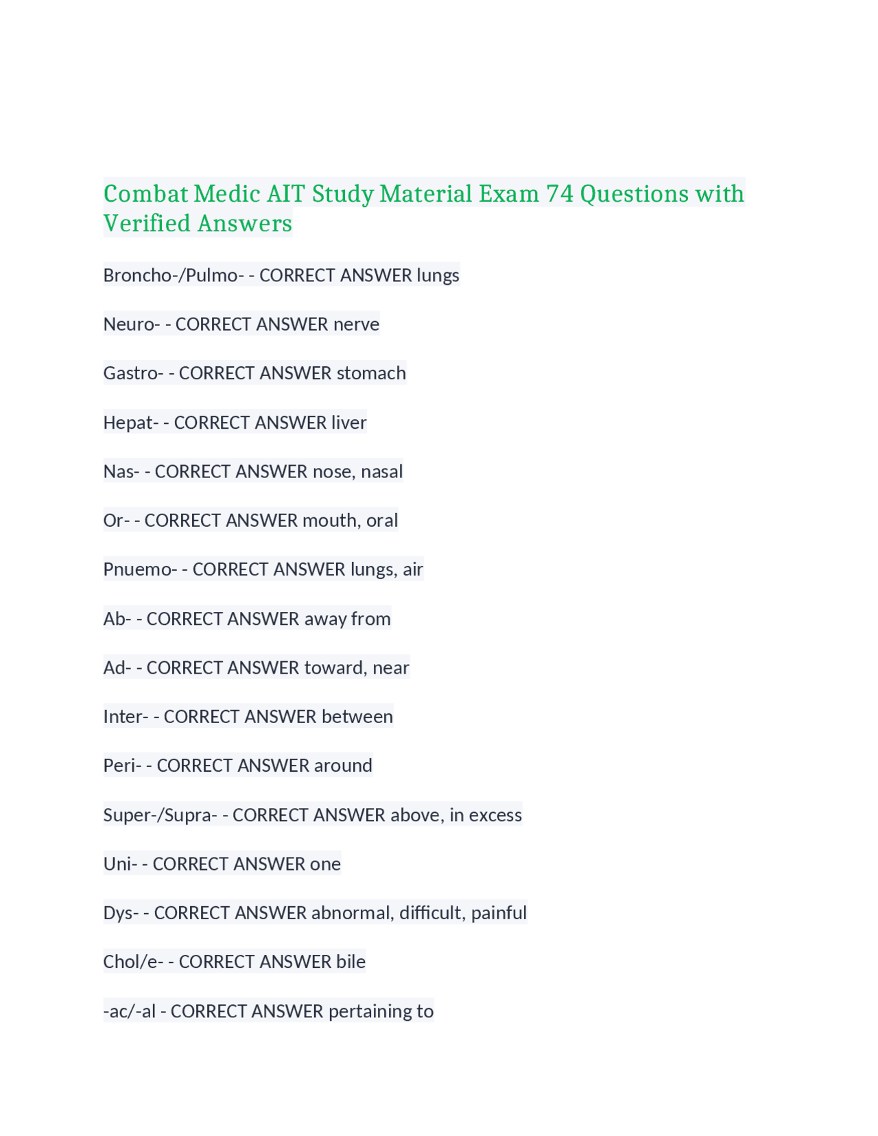 Combat Medic AIT Study Material Exam 74 Questions with Verified Answers ...