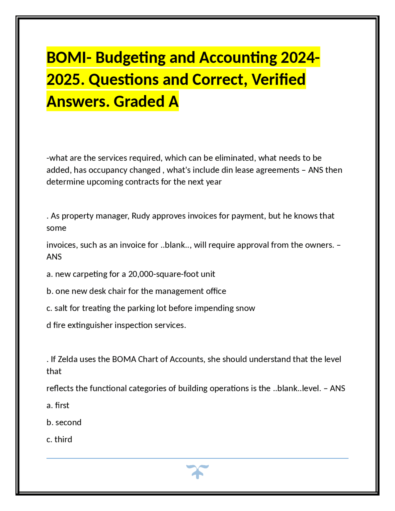 BOMI- Budgeting and Accounting 2024-2025. Questions and Correct, Verified Answers. Grade A ...