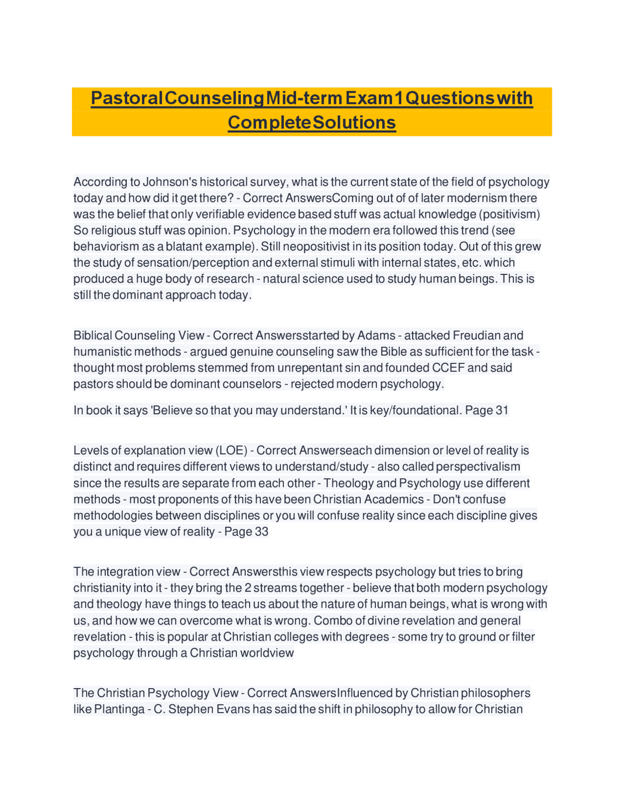 Pastoral Counseling Mid-term Exam Questions and Answers | Exams ...