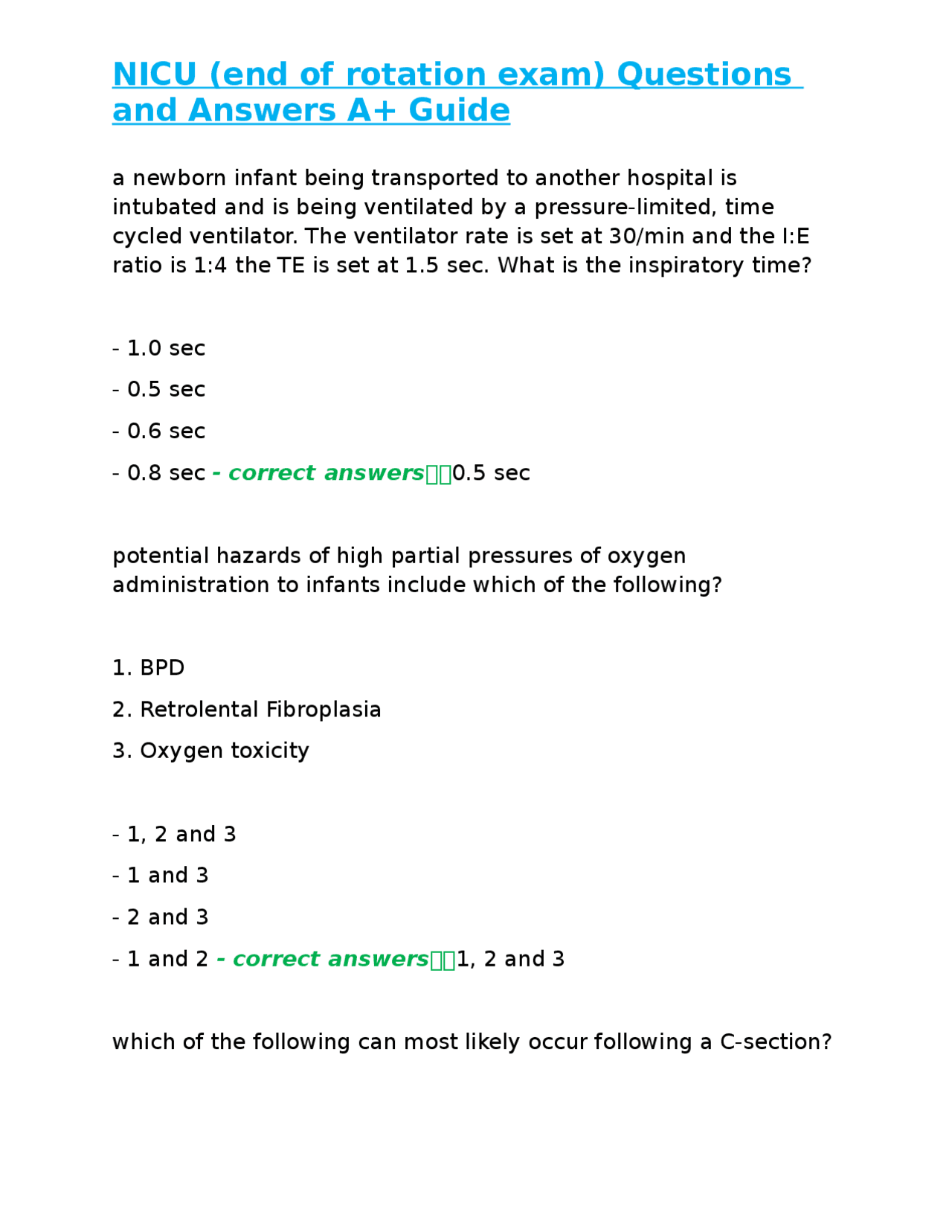 NICU (End of Rotation Exam) Questions and Answers: A Comprehensive ...