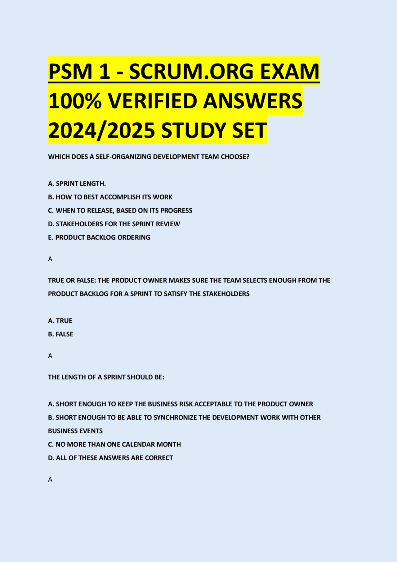 PSM 1 - SCRUM.ORG EXAM 100% VERIFIED ANSWERS 2024/2025 STUDY SET ...