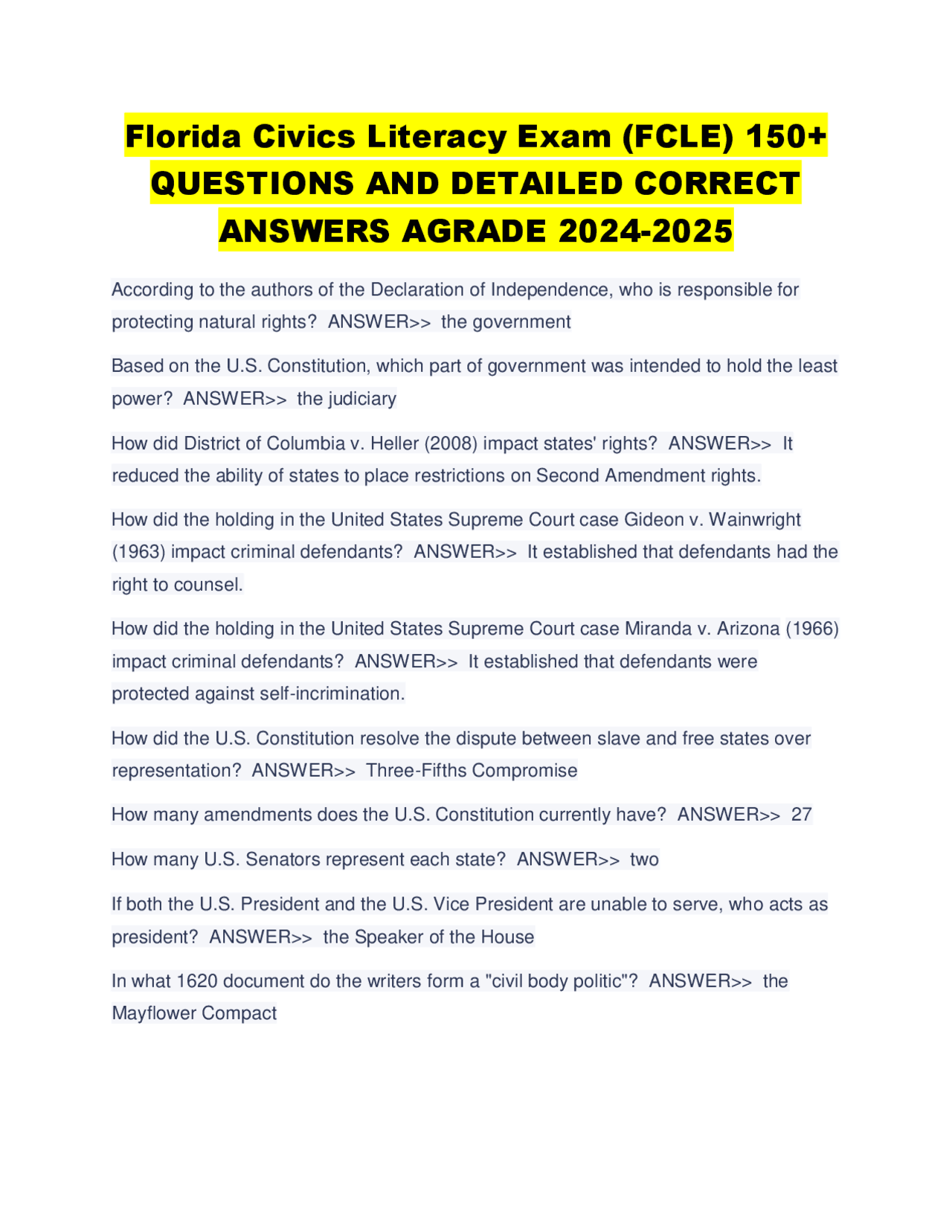 Florida Civics Literacy Exam (FCLE) 150+ Questions and Answers | Exams ...