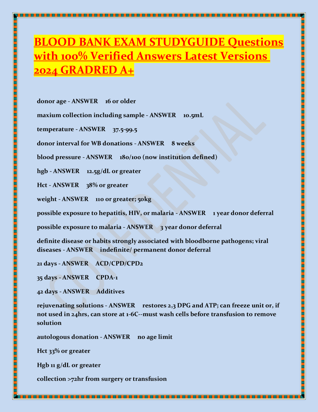 Blood Bank Exam Study Guide: Questions and Answers | Exams Nursing ...