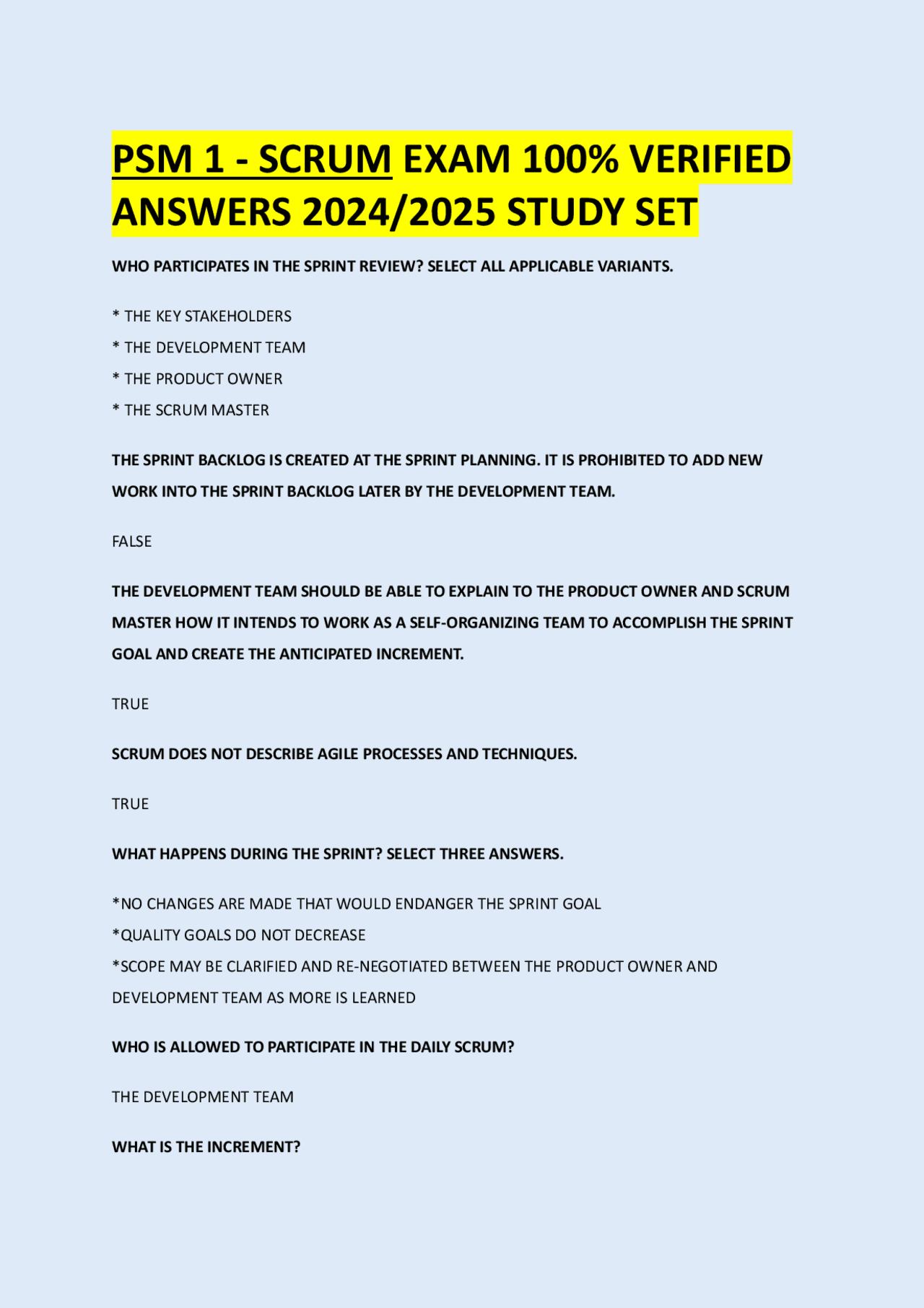 PSM 1 - SCRUM EXAM 100% VERIFIED ANSWERS 2024/2025 STUDY SET | Exams ...