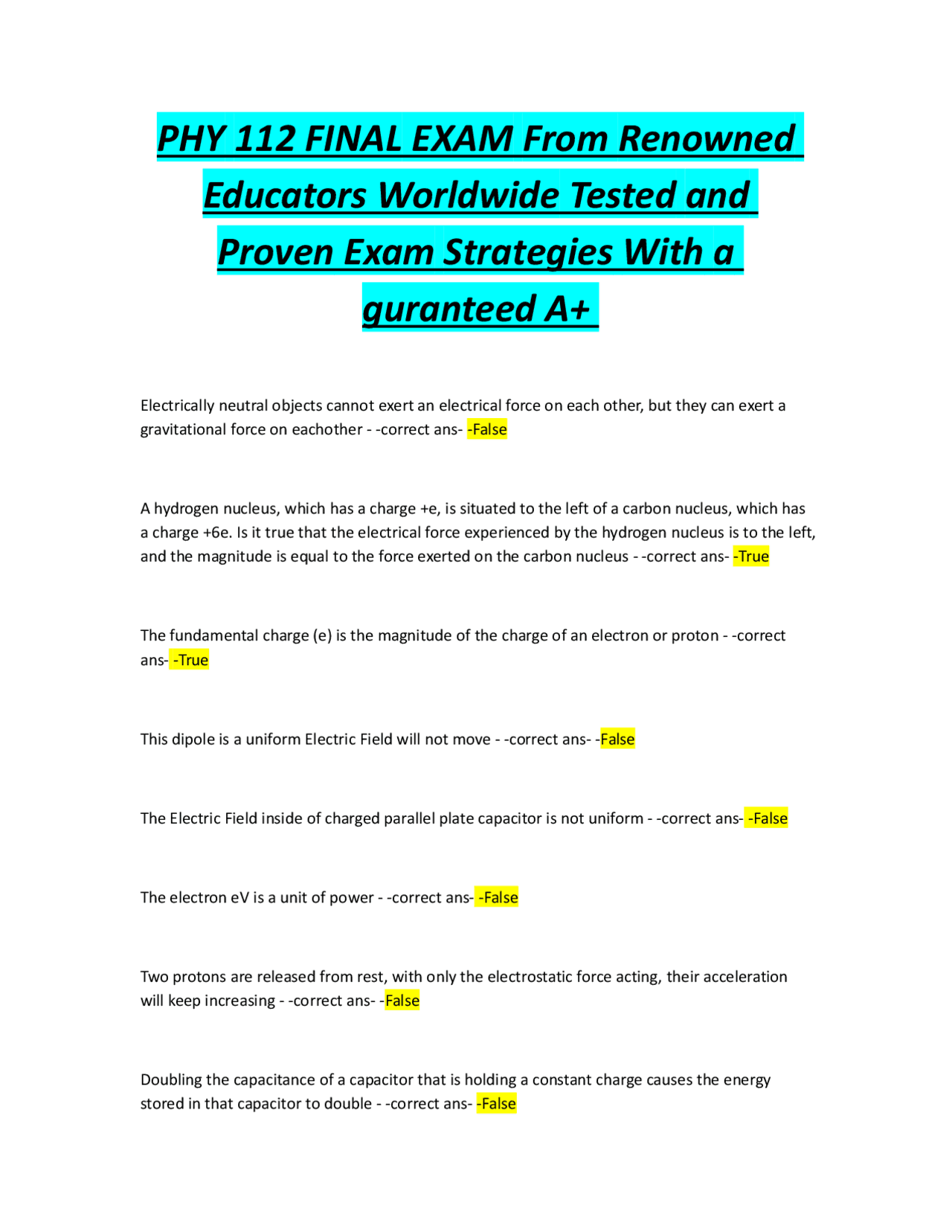 PHY 112 Final Exam: Electricity and Magnetism | Exams Physics | Docsity