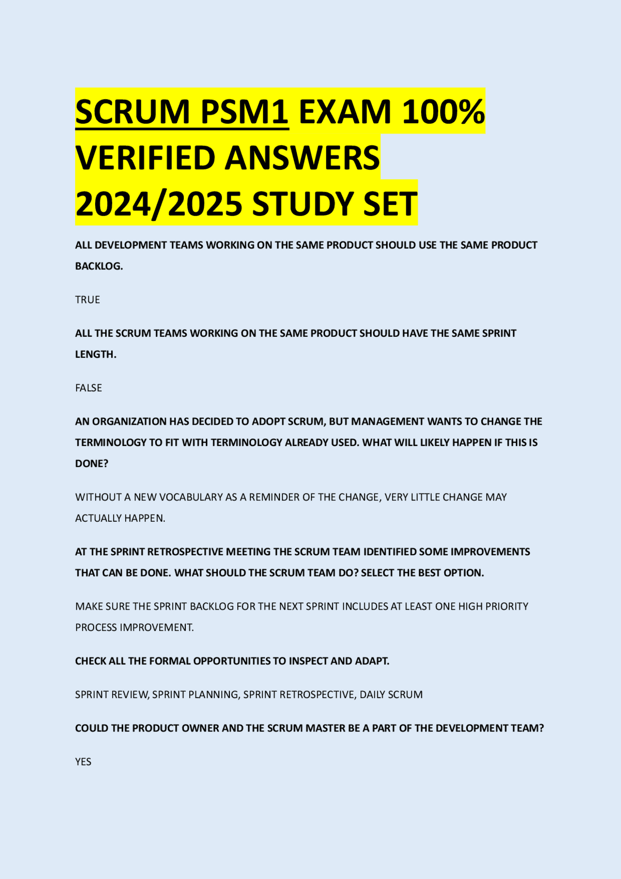 SCRUM PSM1 EXAM 100% VERIFIED ANSWERS 2024/2025 STUDY SET | Exams ...