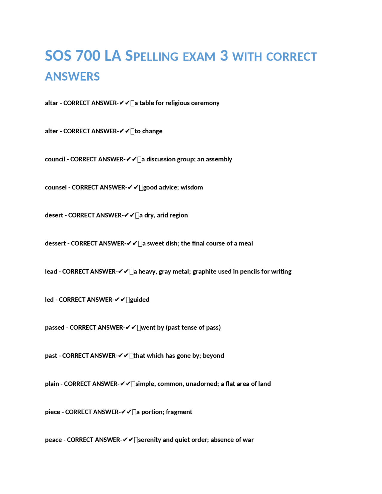 SOS 700 LA Spelling Exam 3: Correcting Common Word Pairs | Exams ...