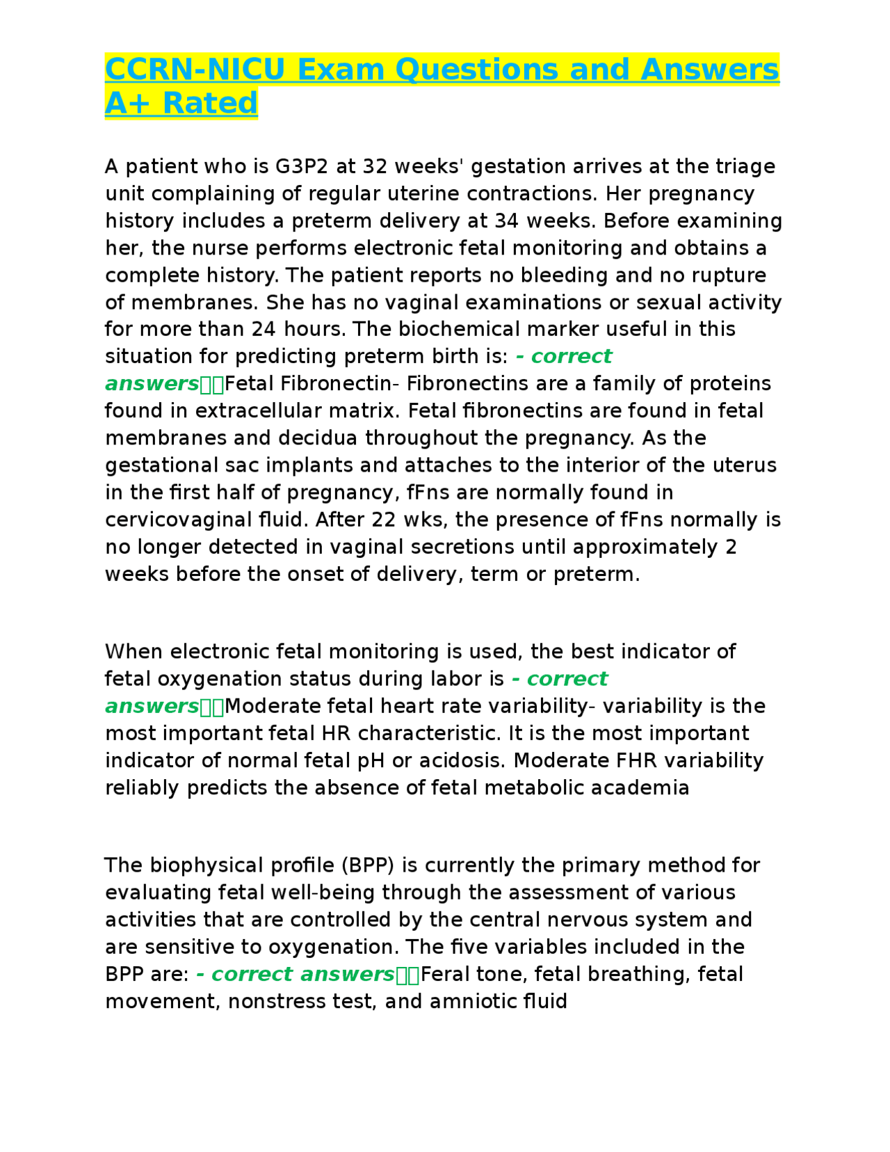 CCRN-NICU Exam Questions and Answers: A Comprehensive Guide for Nurses ...